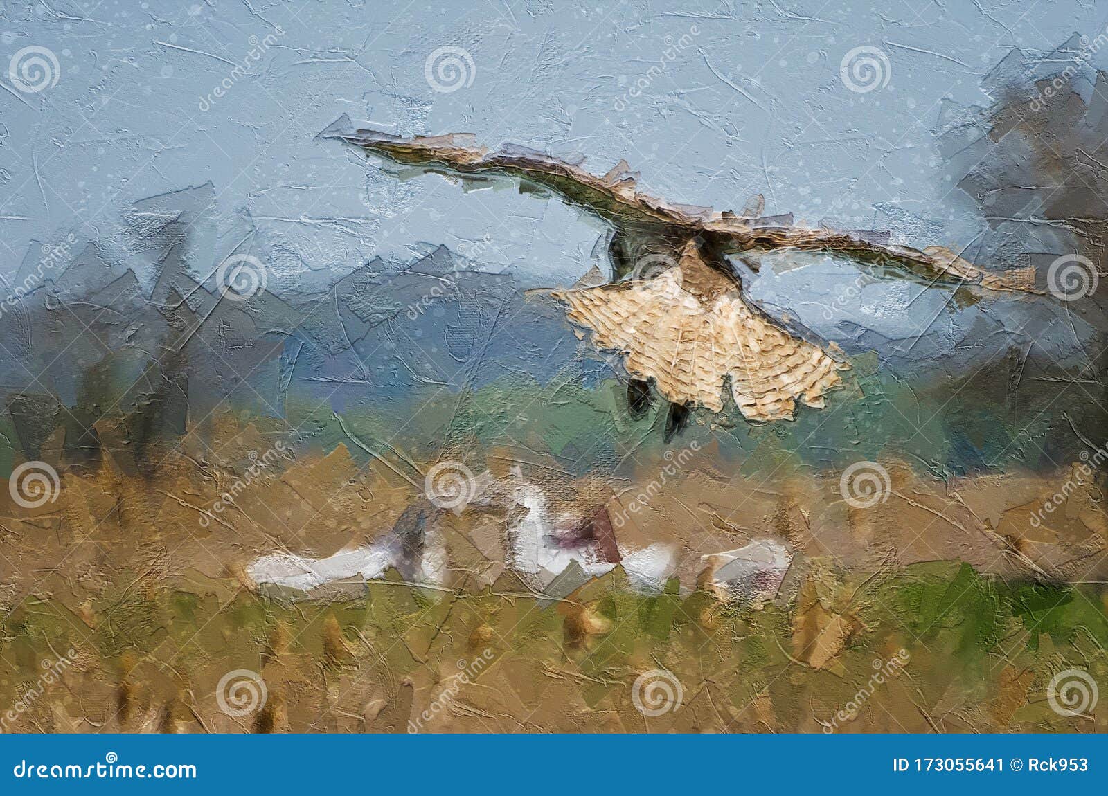 Impressionistic Style Artwork of a Young Red-Tailed Hawk Diving on Its ...