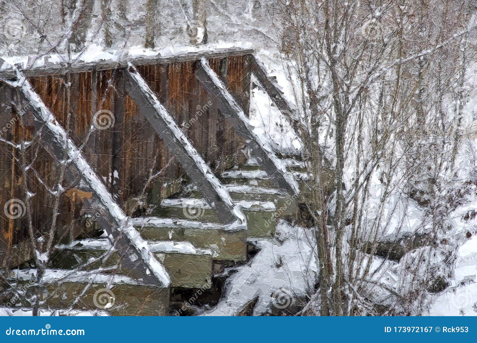 Impressionistic Style Artwork of a Snow Covered Bridge Winter Forest ...