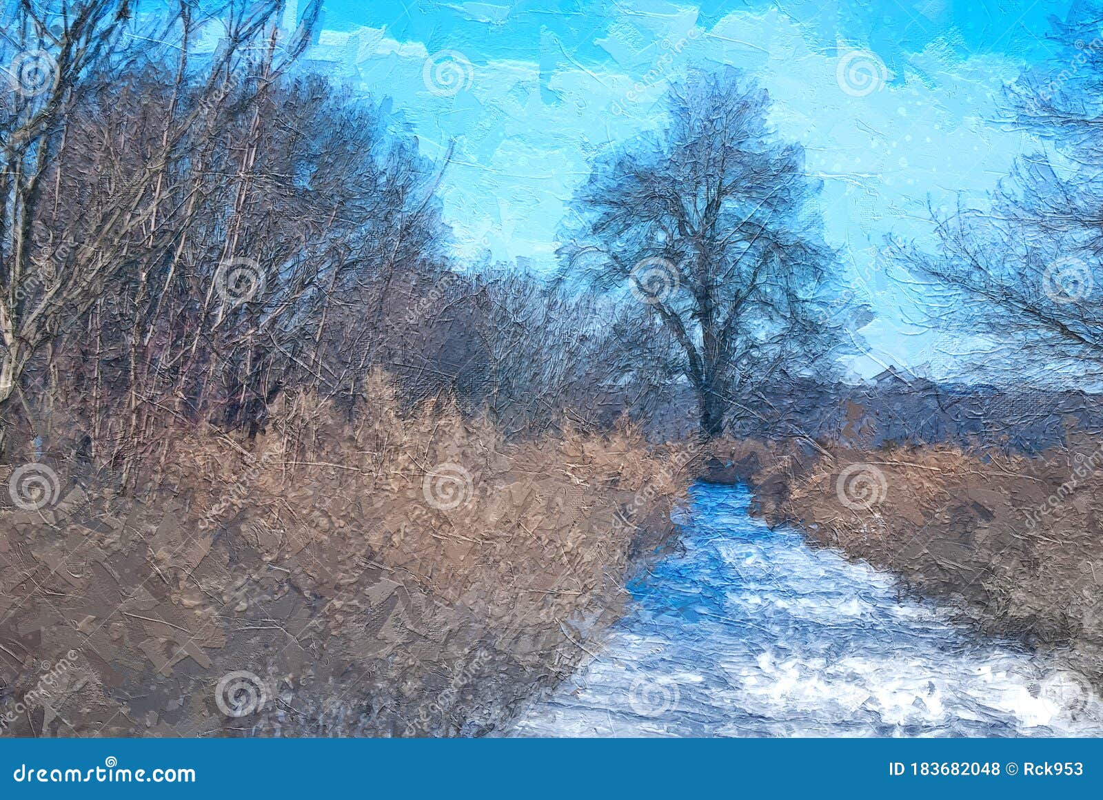 Impressionistic Style Artwork of a Snow Covered Trail Winter Marsh ...