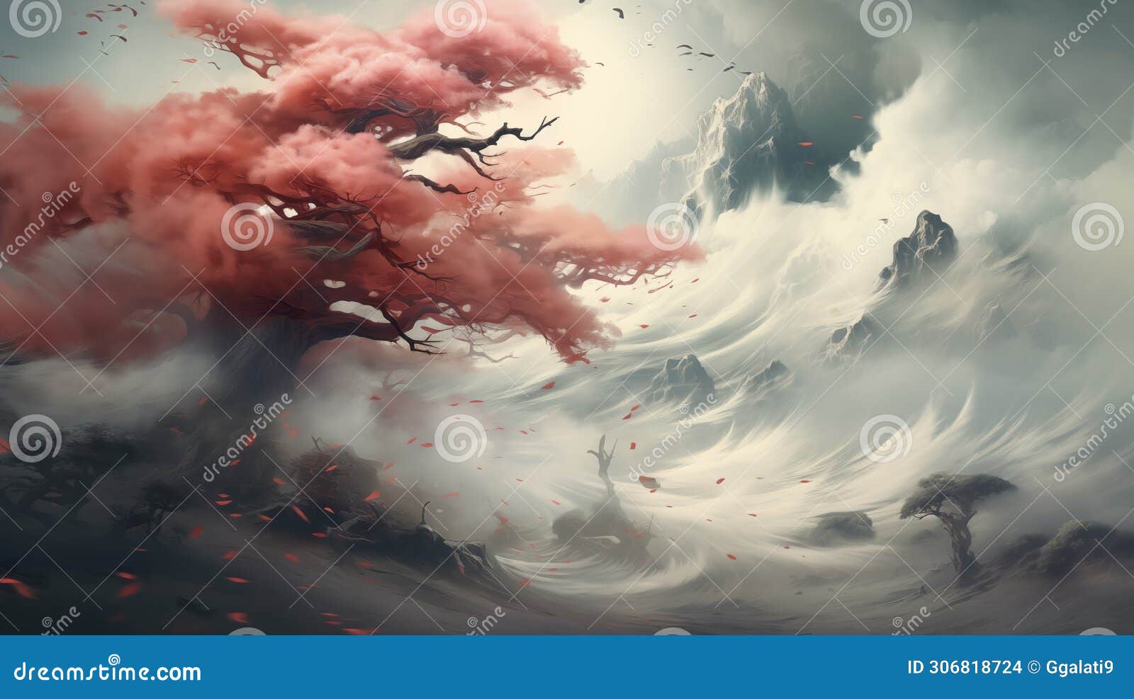 Impressive Asian Inspired Tree while Wind is Blowing Stock Illustration ...