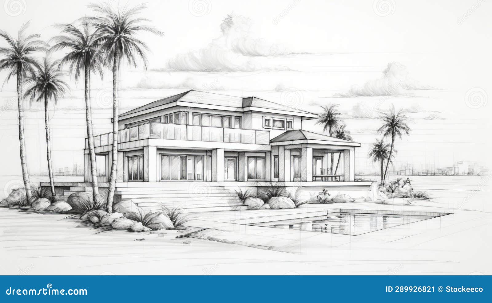 Impressive Beachfront Luxury Villa: Pencil Drawing with Architectural ...