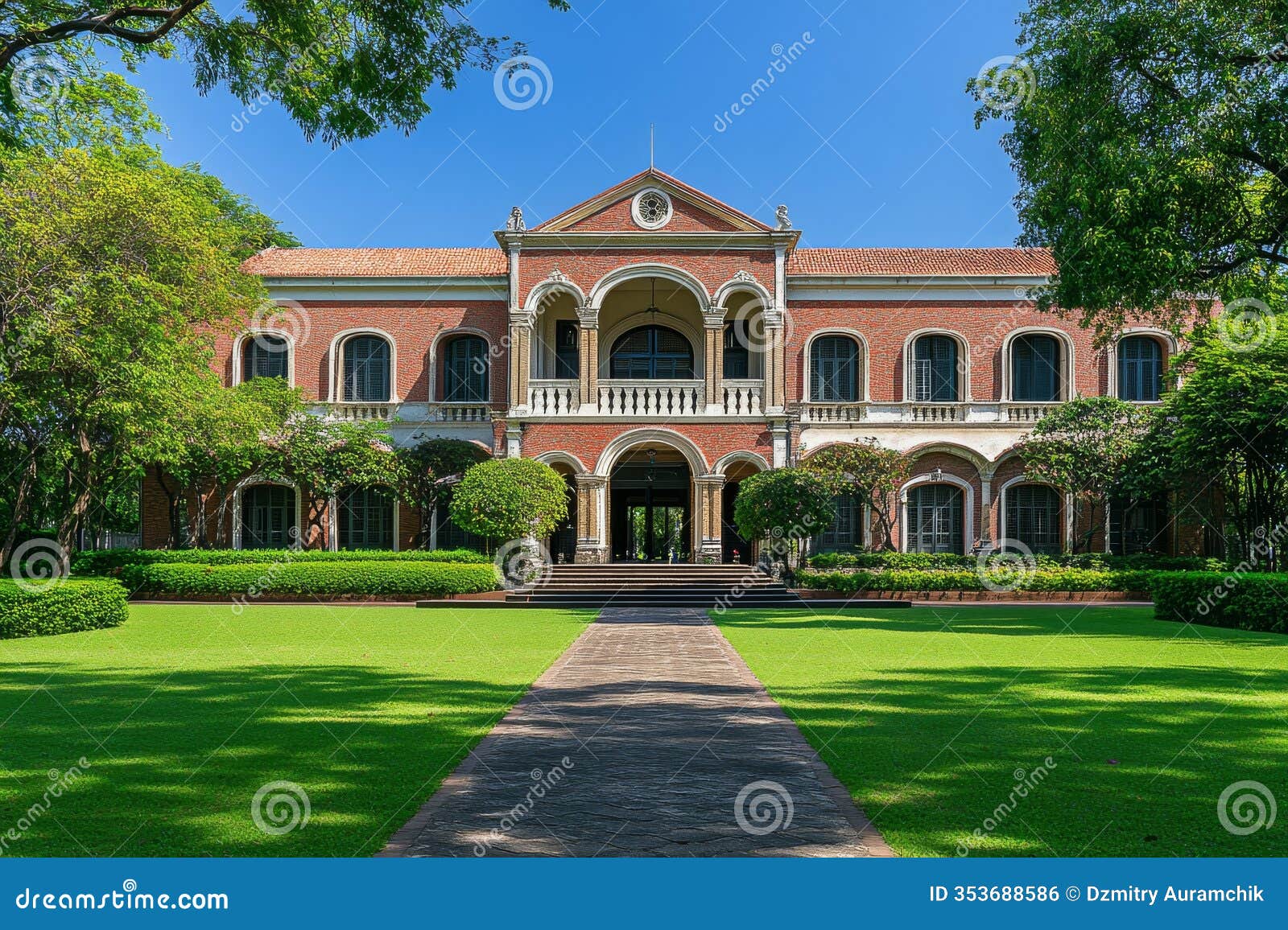 An Impressive Brick Residence with a Neatly Trimmed Lawn and Classical ...