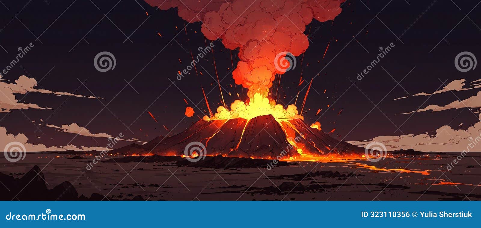 An Impressive Dangerous Volcano Exploding Scene, Anime Manga Art. Stock ...