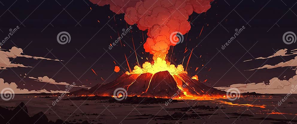 An Impressive Dangerous Volcano Exploding Scene, Anime Manga Art. Stock ...
