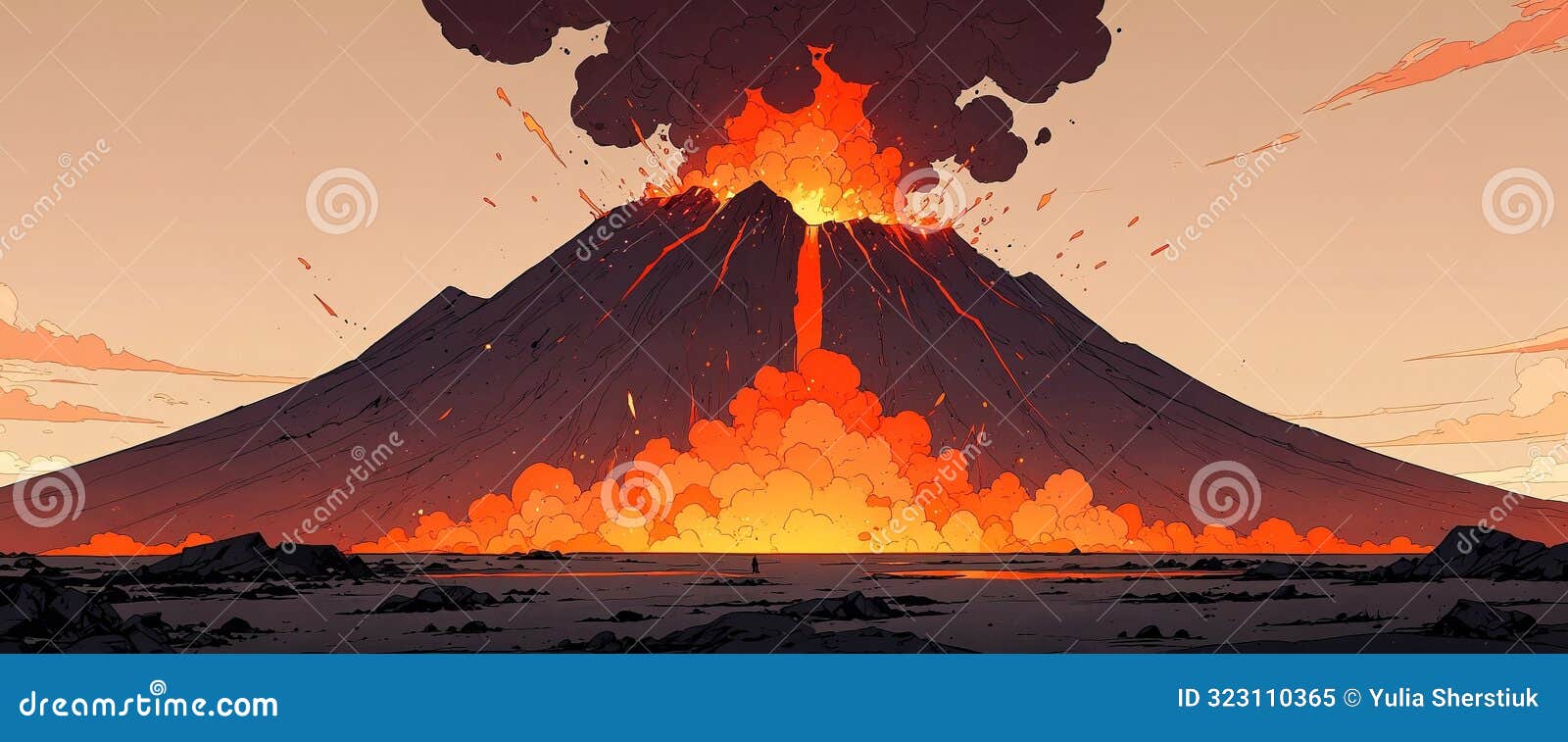 An Impressive Dangerous Volcano Exploding Scene, Anime Manga Art. Stock ...