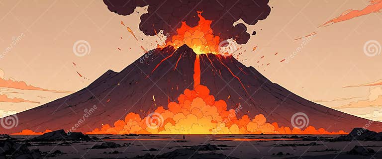An Impressive Dangerous Volcano Exploding Scene, Anime Manga Art. Stock ...