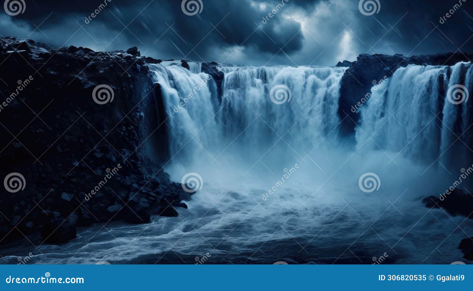 Impressive Epic Night Scenery with High Big Waterfalls Stock ...