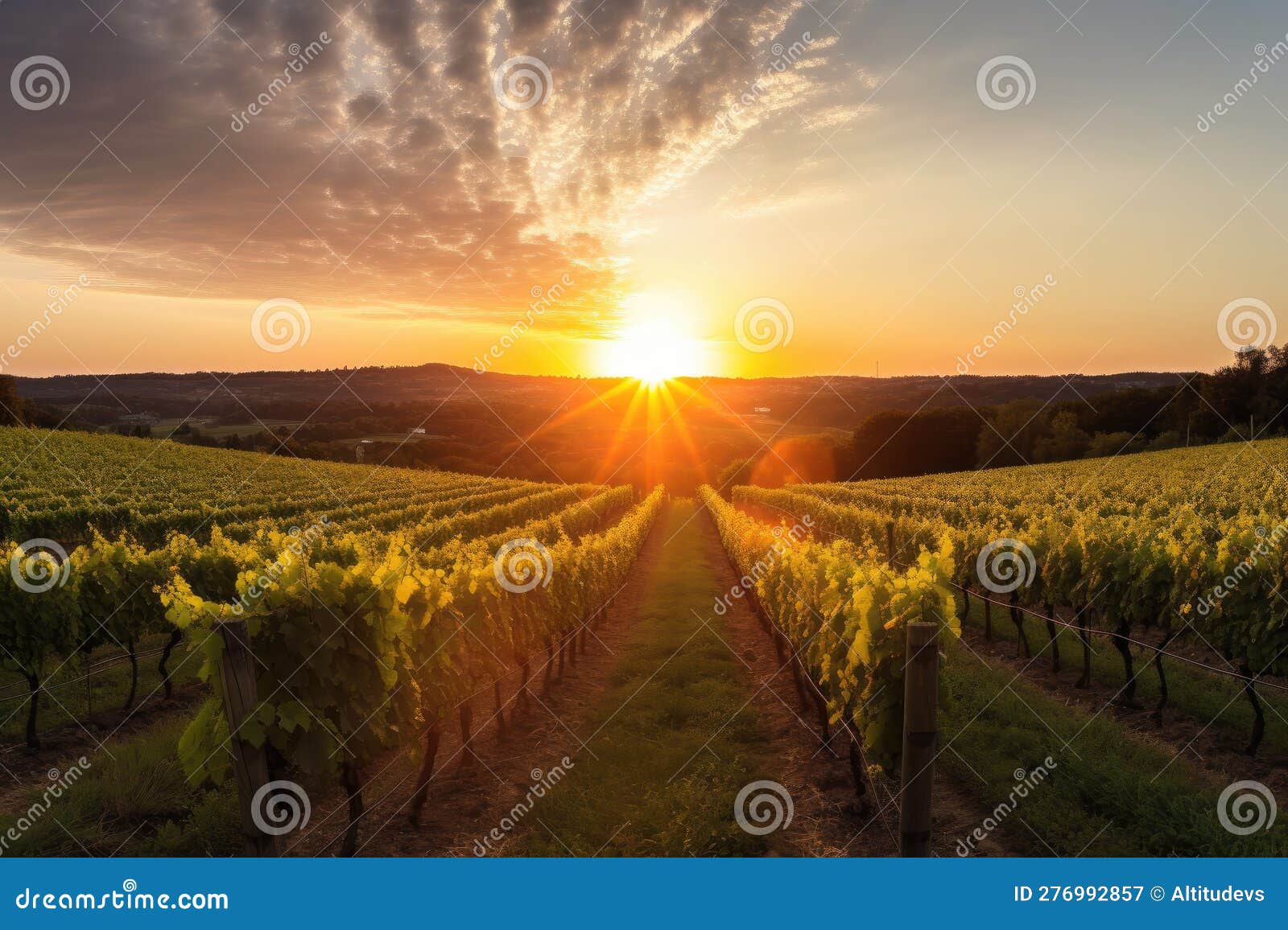 Impressive View Of Vineyard At Sunset, With The Sun Setting Behind The ...