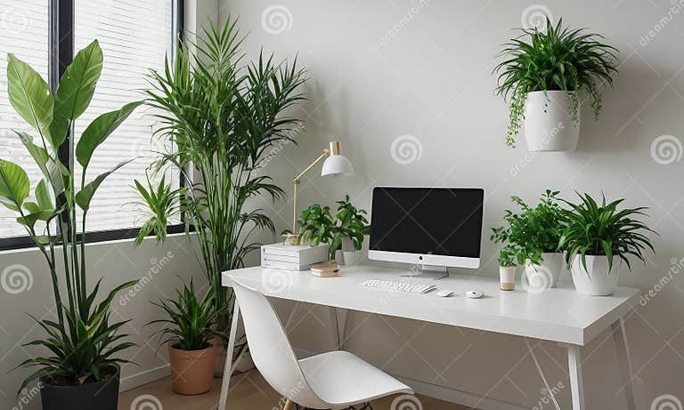 White Desk with Computer and Plant Stock Illustration - Illustration of ...