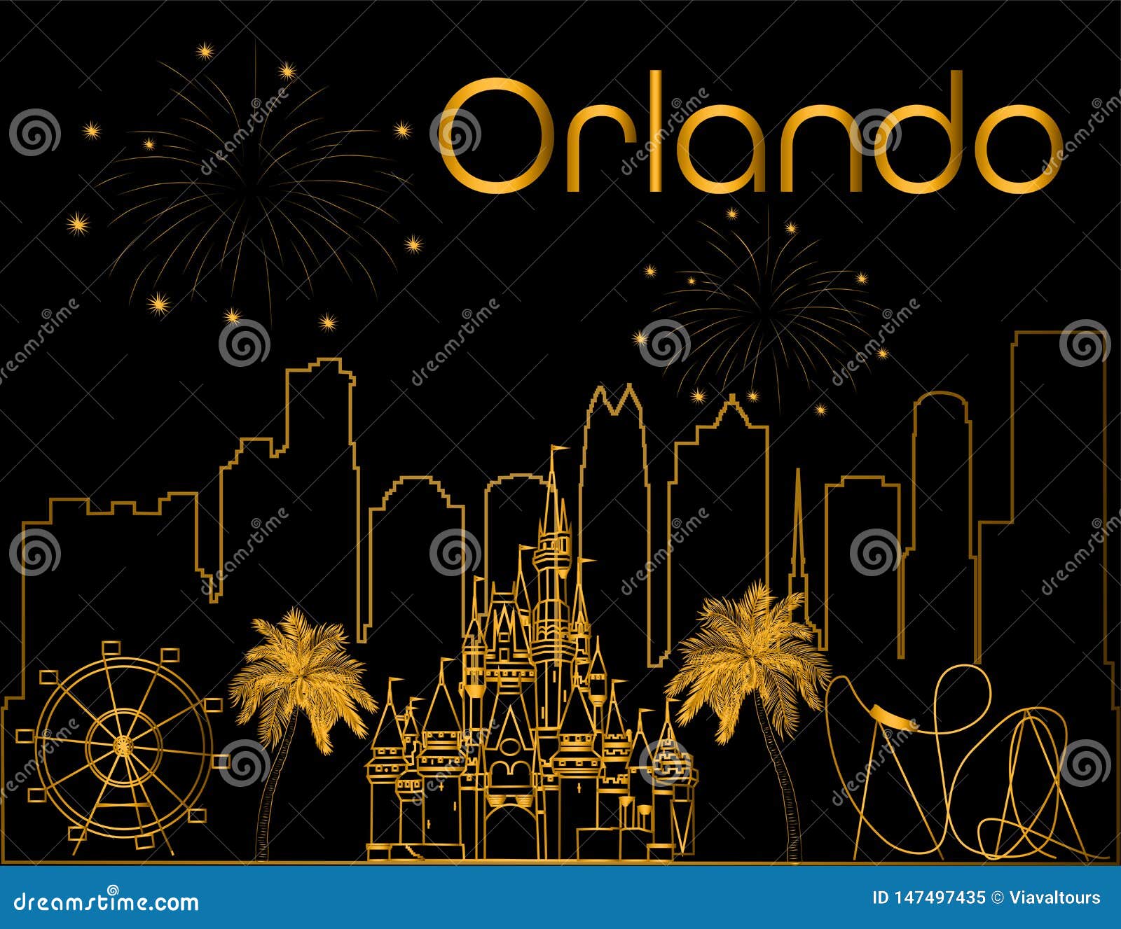 Orlando Gold Lettering On Black Background. Vector With Travel Icons ...