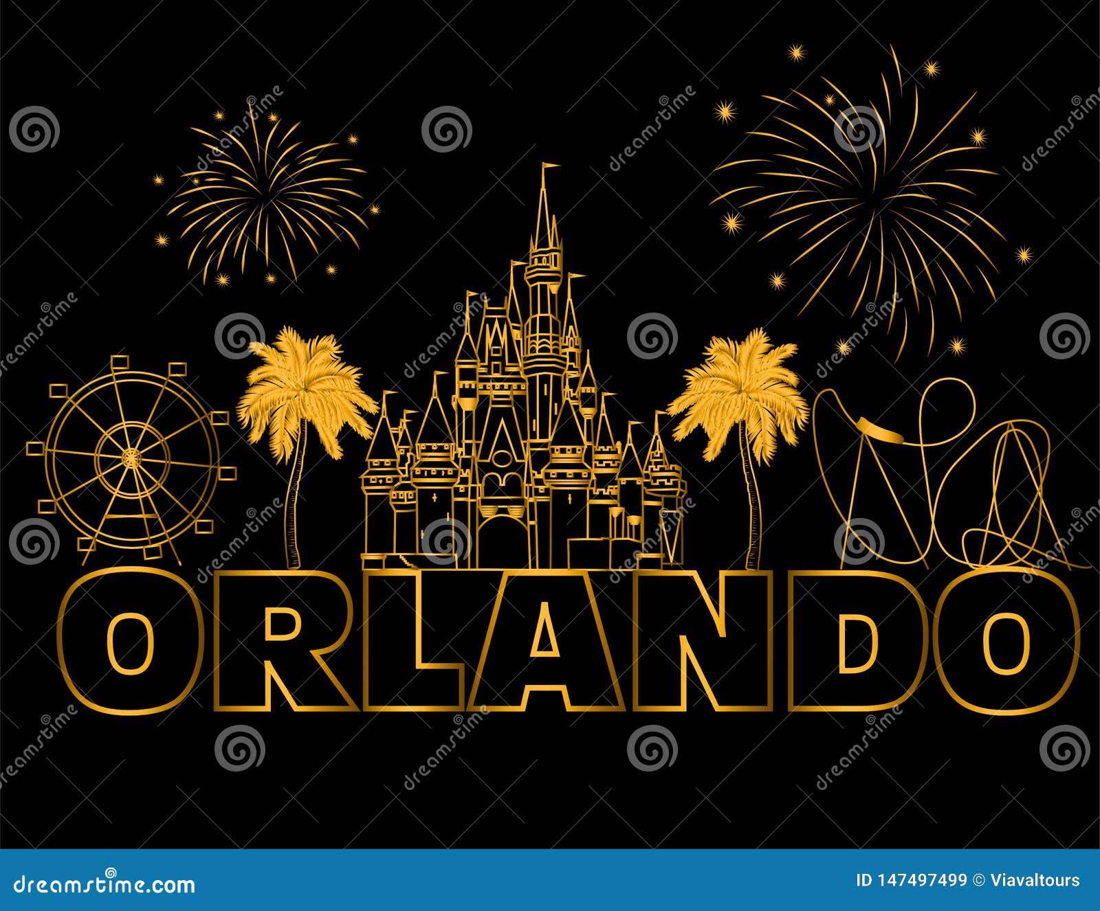 Orlando Gold Lettering On Black Background. Vector With Travel Icons ...