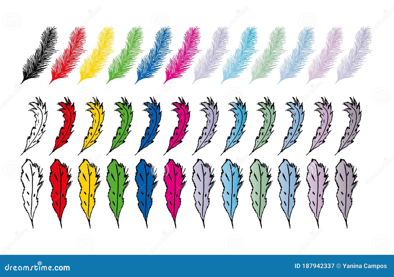 Set of colored feathers stock illustration. Illustration of drawn ...