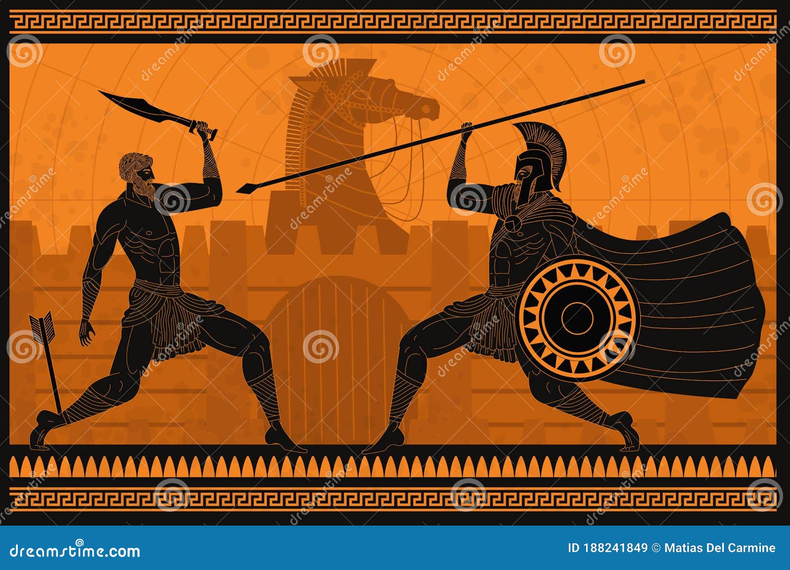 Orange and Black Figures Pottery Amphora Painting of Troy War with ...