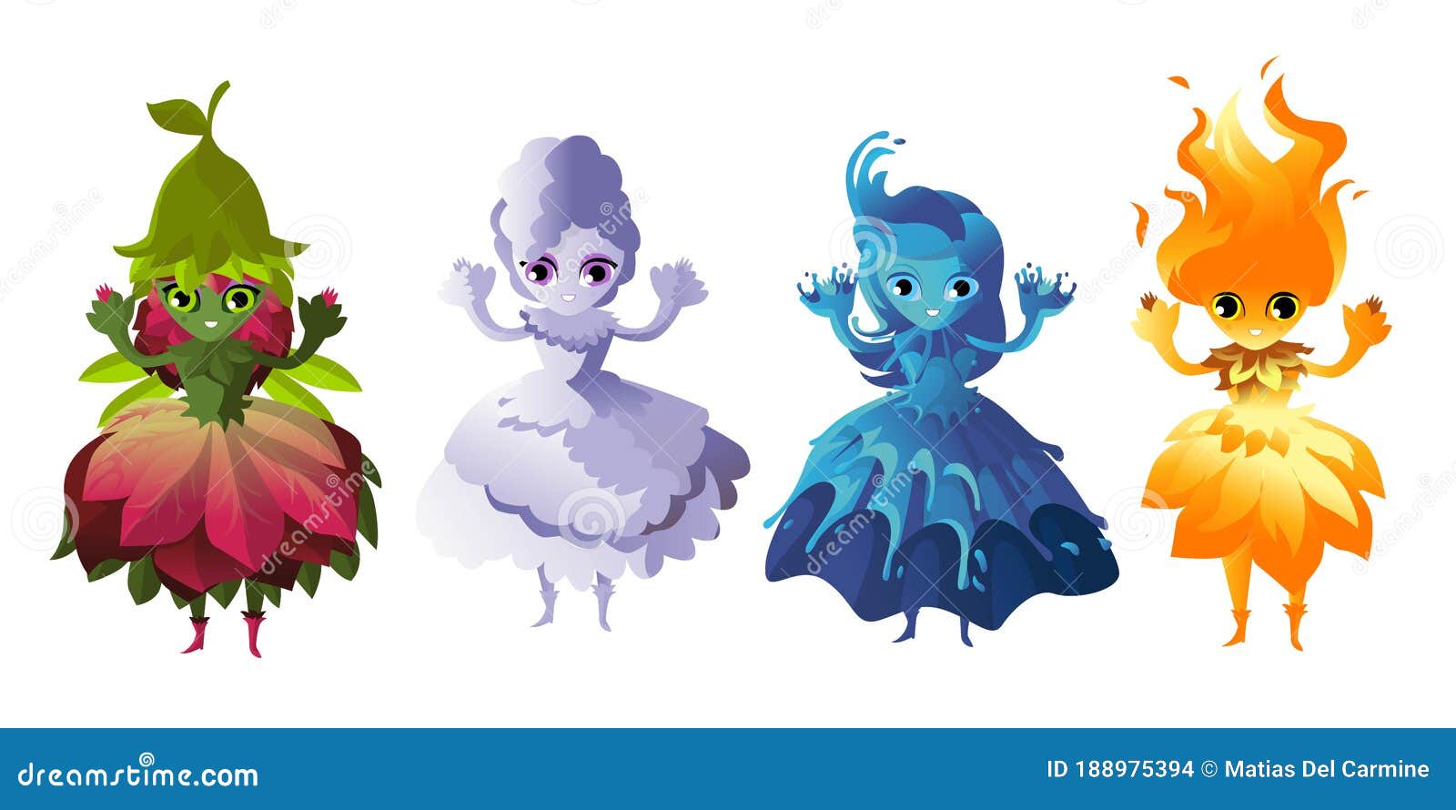 Elements Cute Characters Fire Water Earth and Air Wind Stock Vector ...