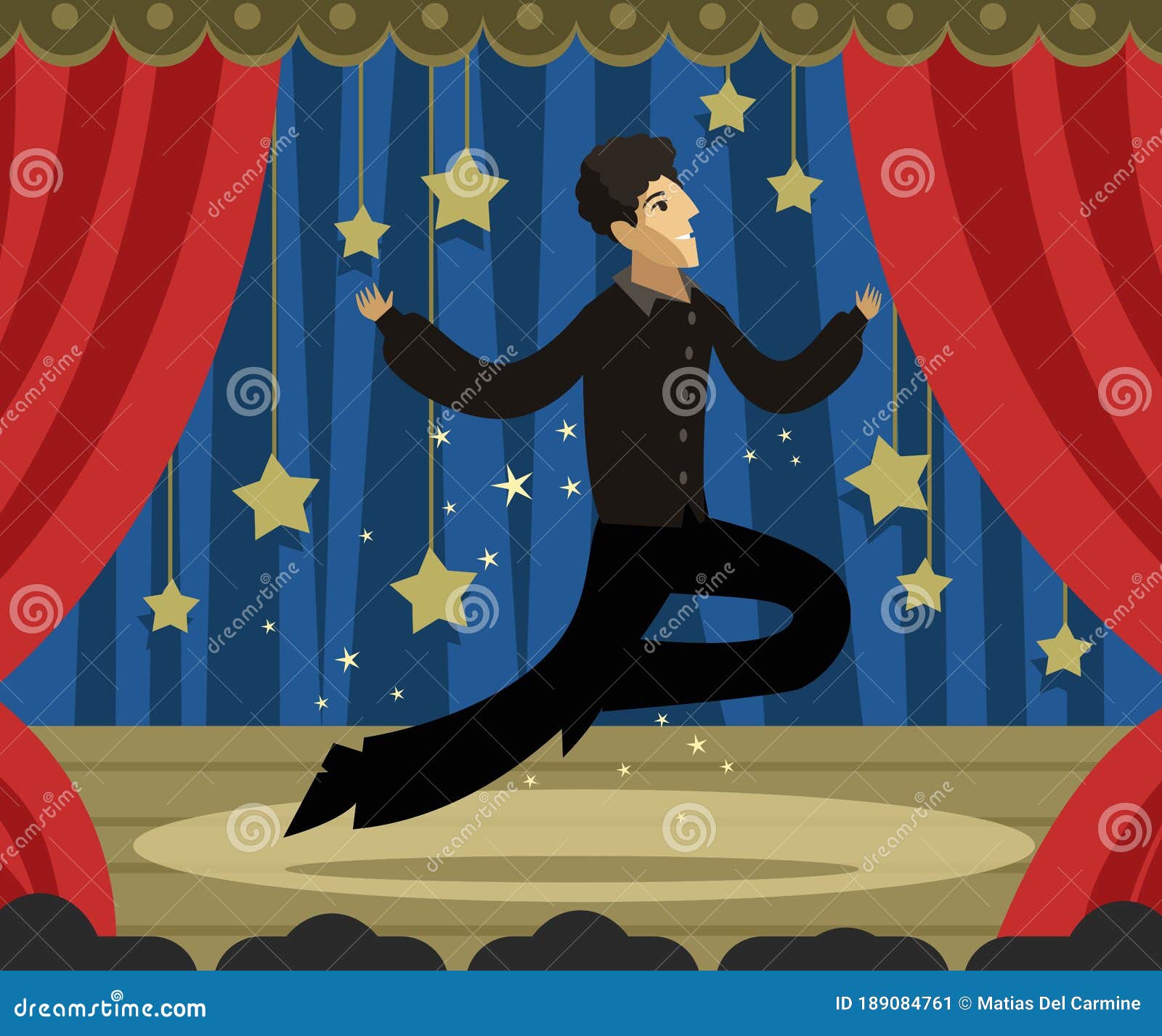 Modern Magician Flying Illusion Trick on Theater Stage Stock Vector ...