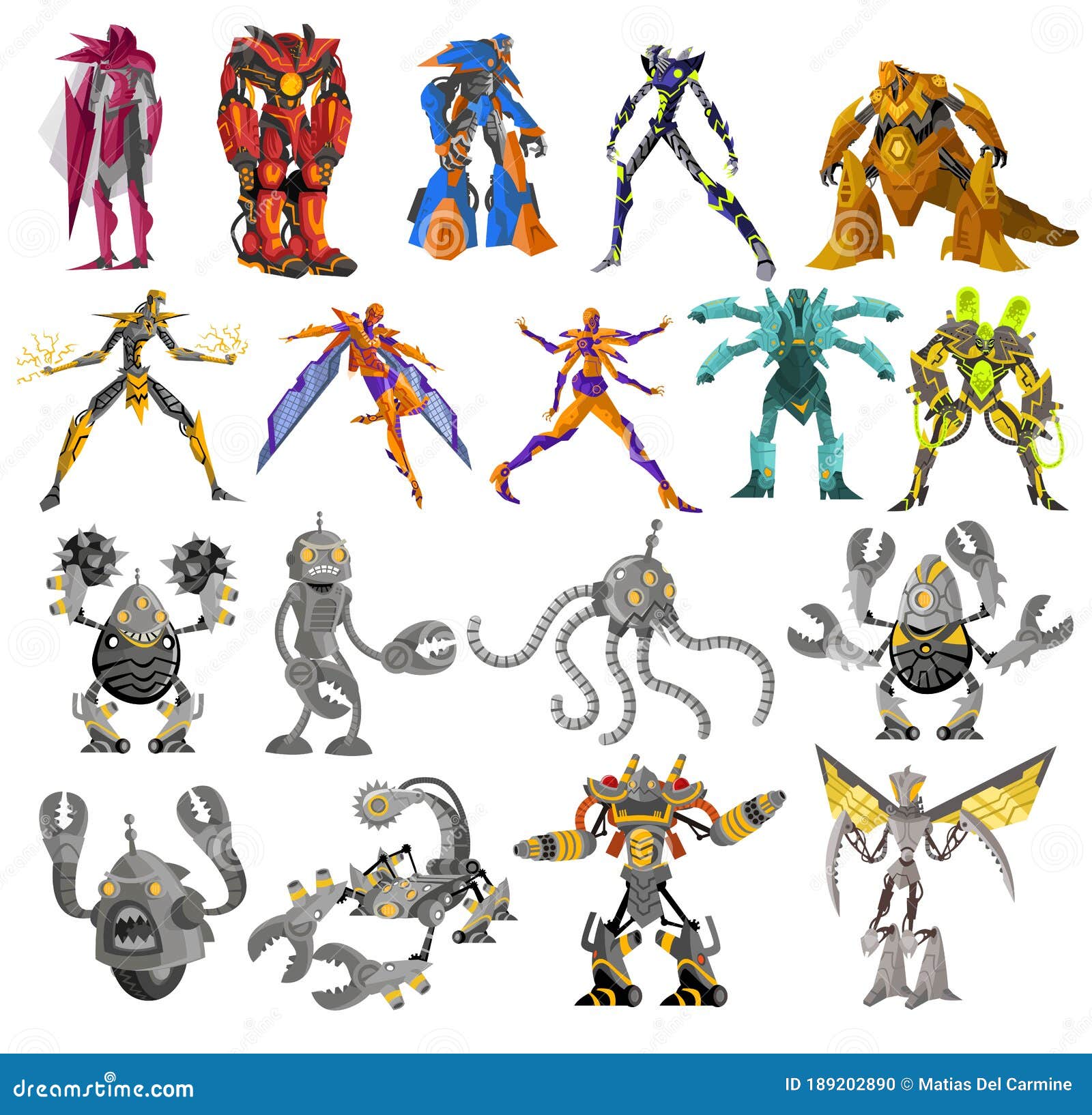 Battle Robots. Cartoon War Machines And Futuristic Soldier Exoskeleton ...