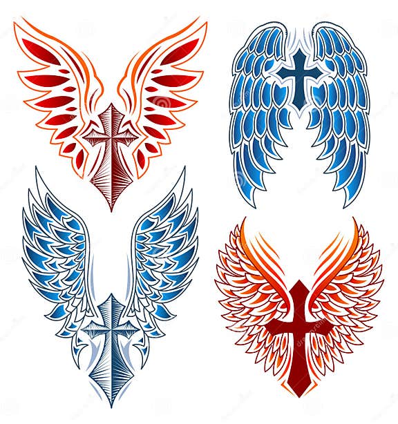Cross and Wings Vector Set, Heraldry Tattoo Style Elements. Stock ...