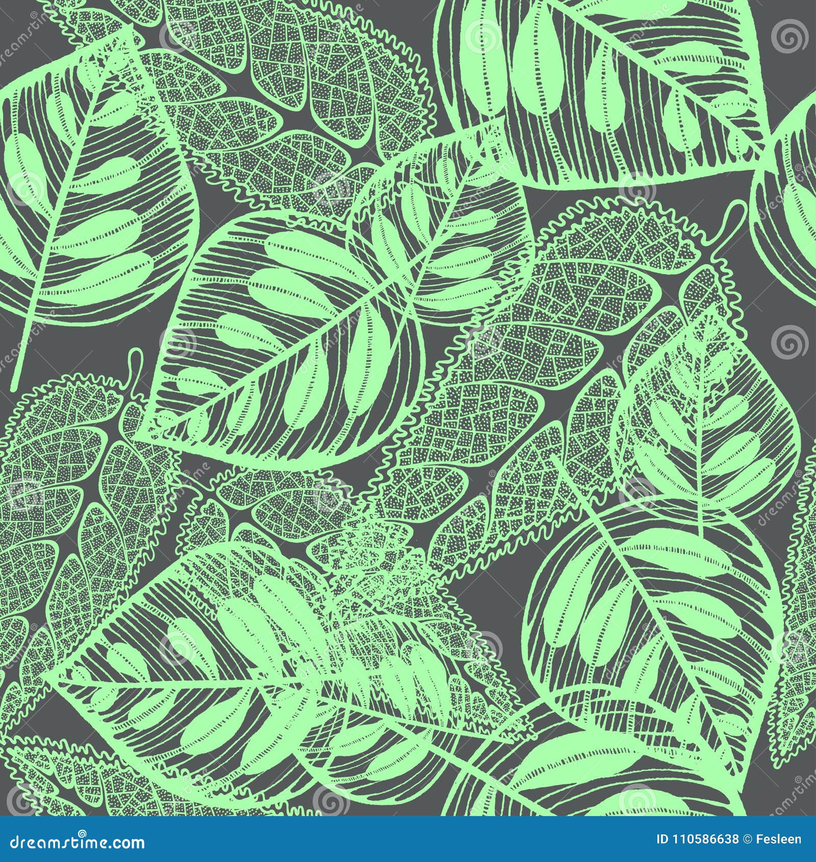 Imprint Leaves - Seamless Pattern. Green Leaves on Dark Grey Bac Stock ...