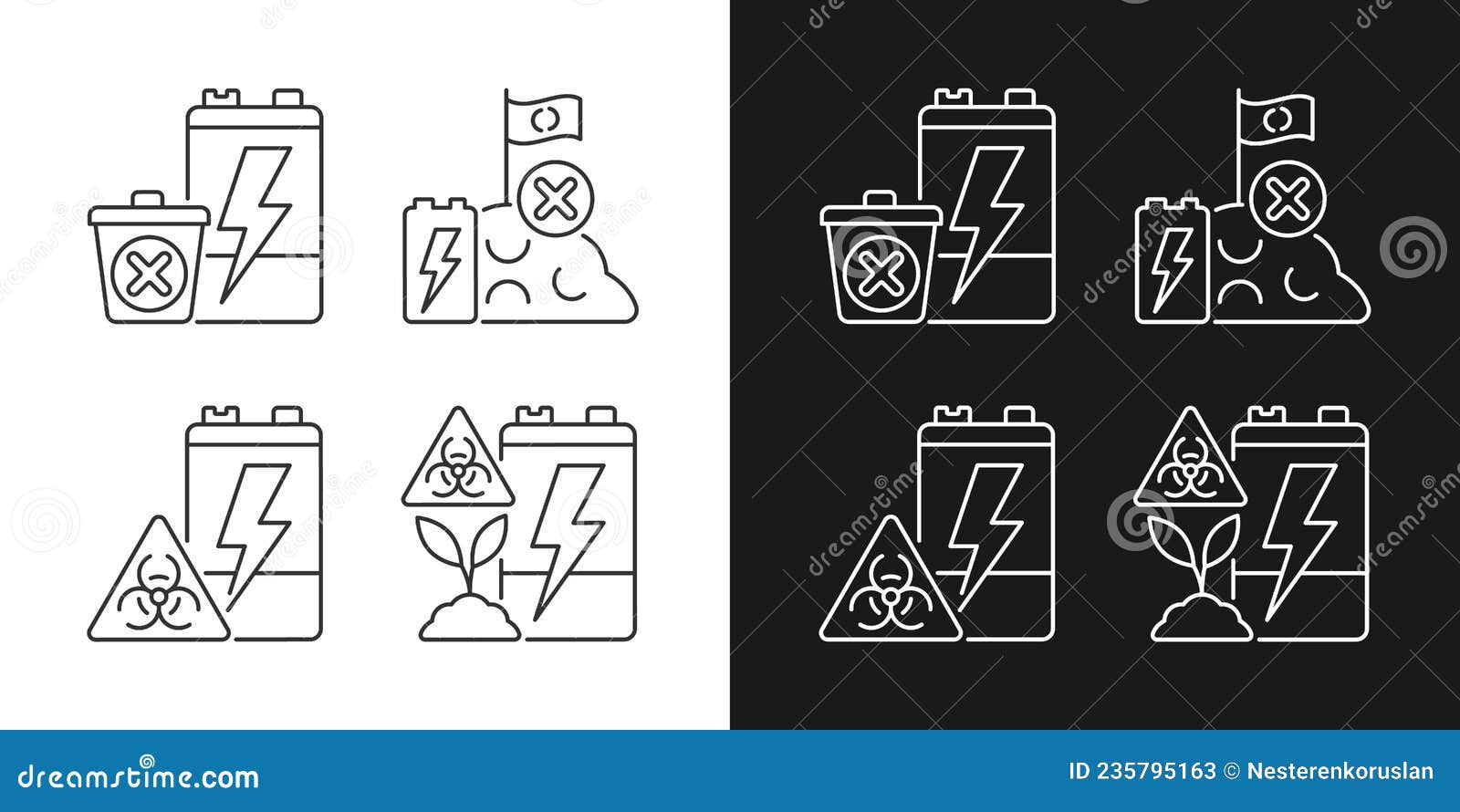 Improper Battery Disposal Linear Icons Set for Dark and Light Mode ...