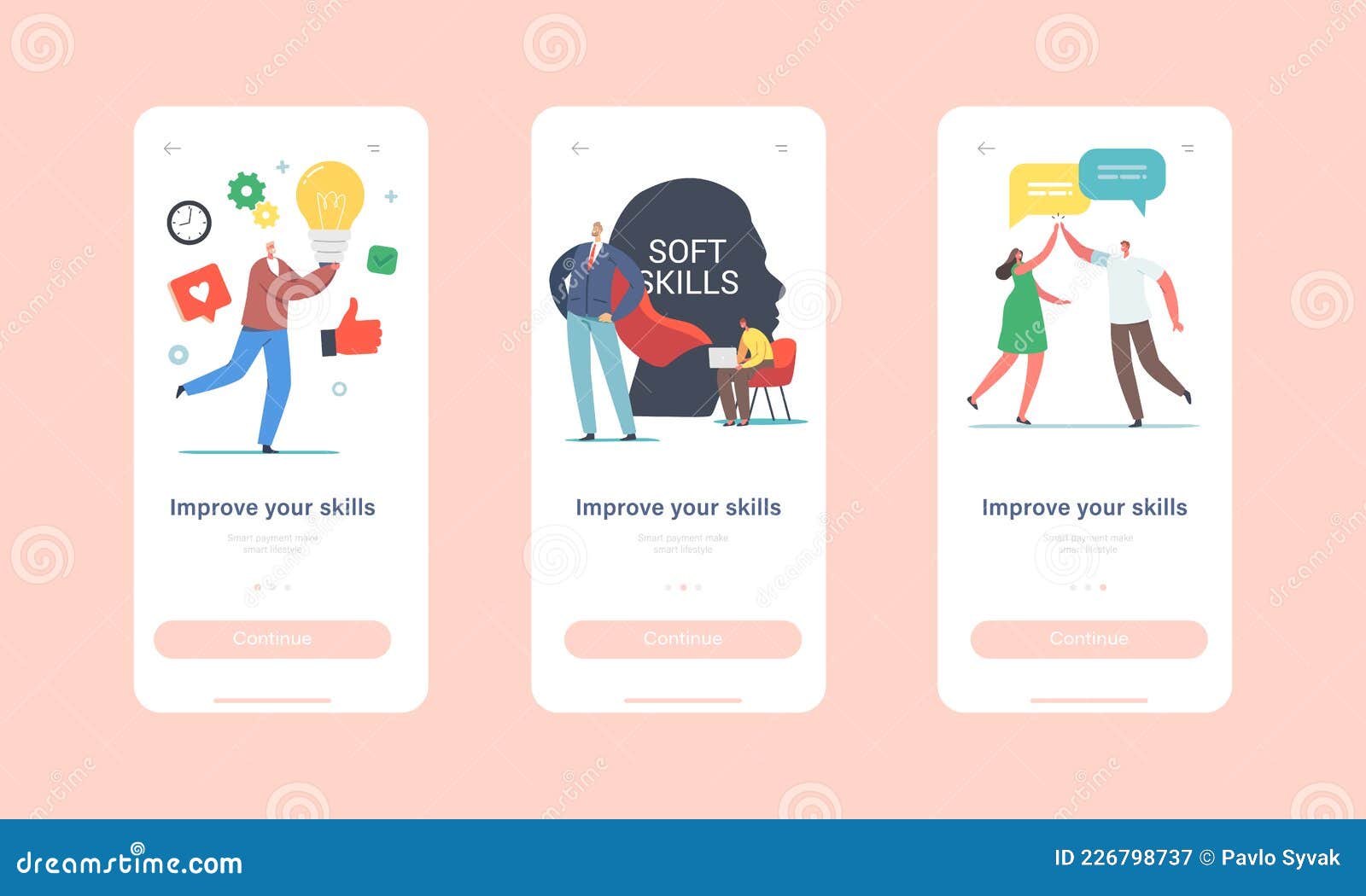 Improve Your Skills Mobile App Page Onboard Screen Template. Tiny Characters at Huge Human Head ...