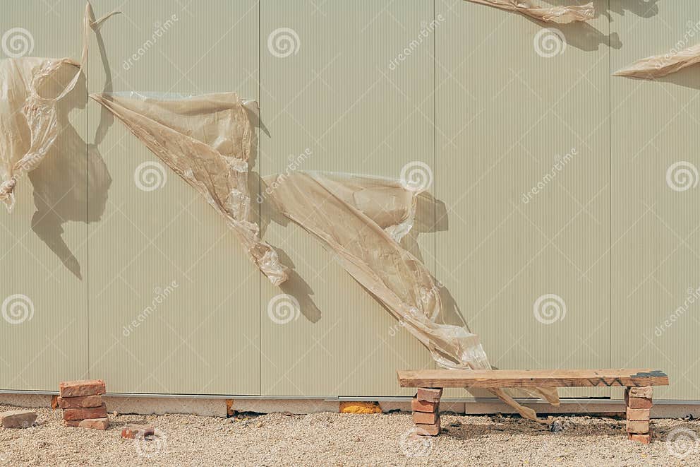 Improvised Bench Made of Bricks and Wooden Plank at Construction Site ...