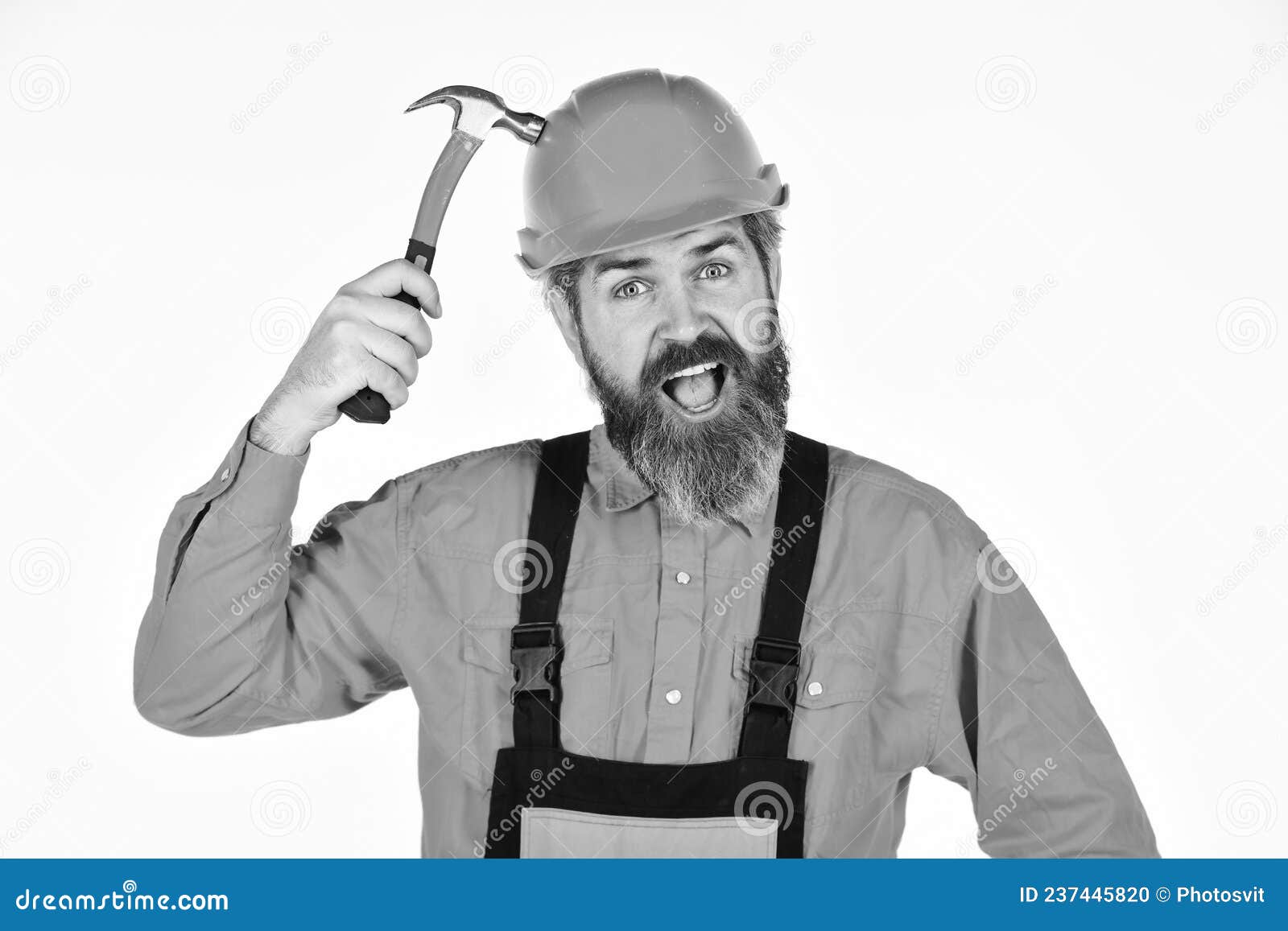 Impulse for Changes. Bearded Mature Man in Uniform. Guy with Hammer ...