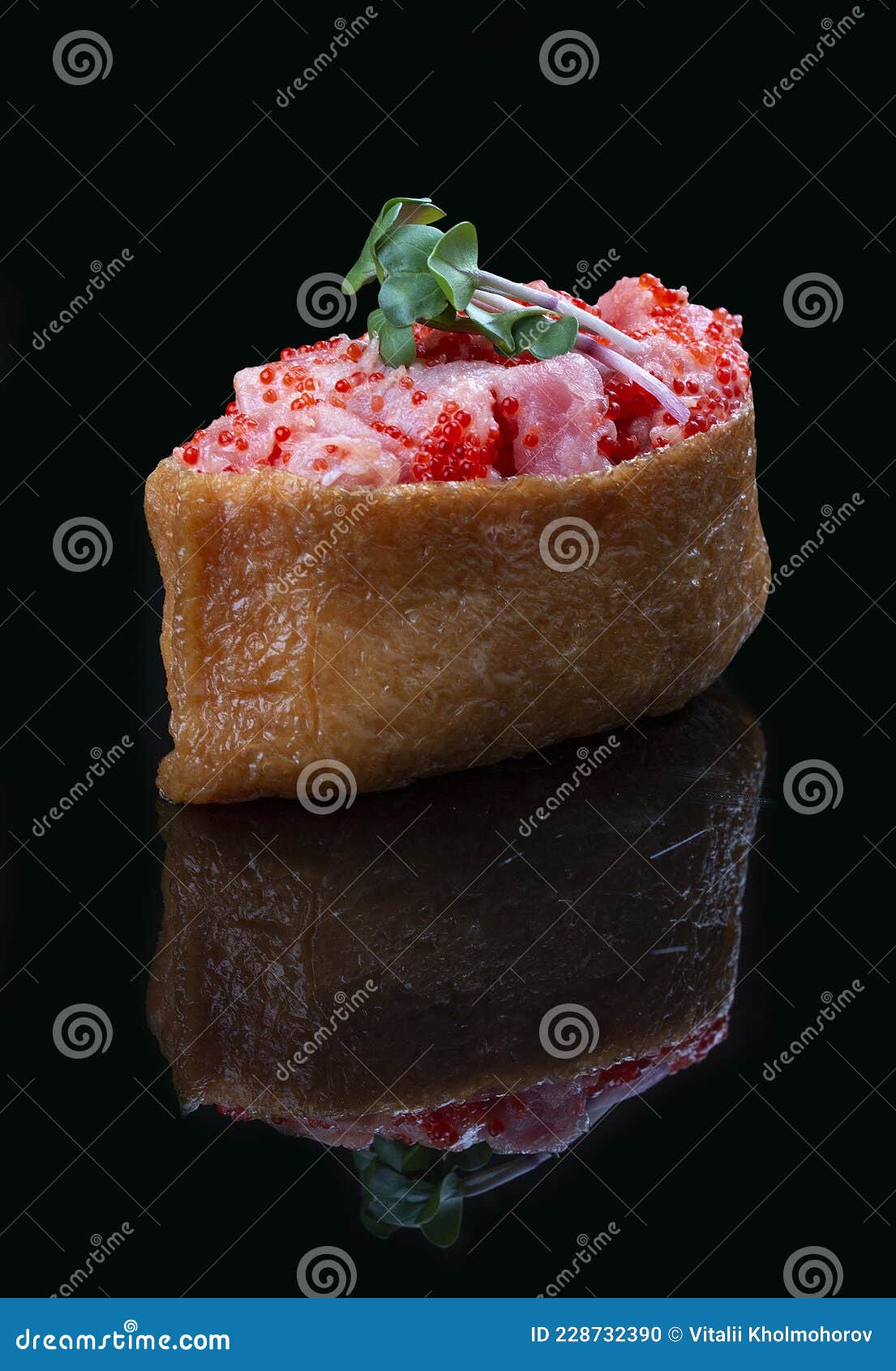 Inari Sushi Salmon on Glossy Black Background Stock Photo - Image of ...