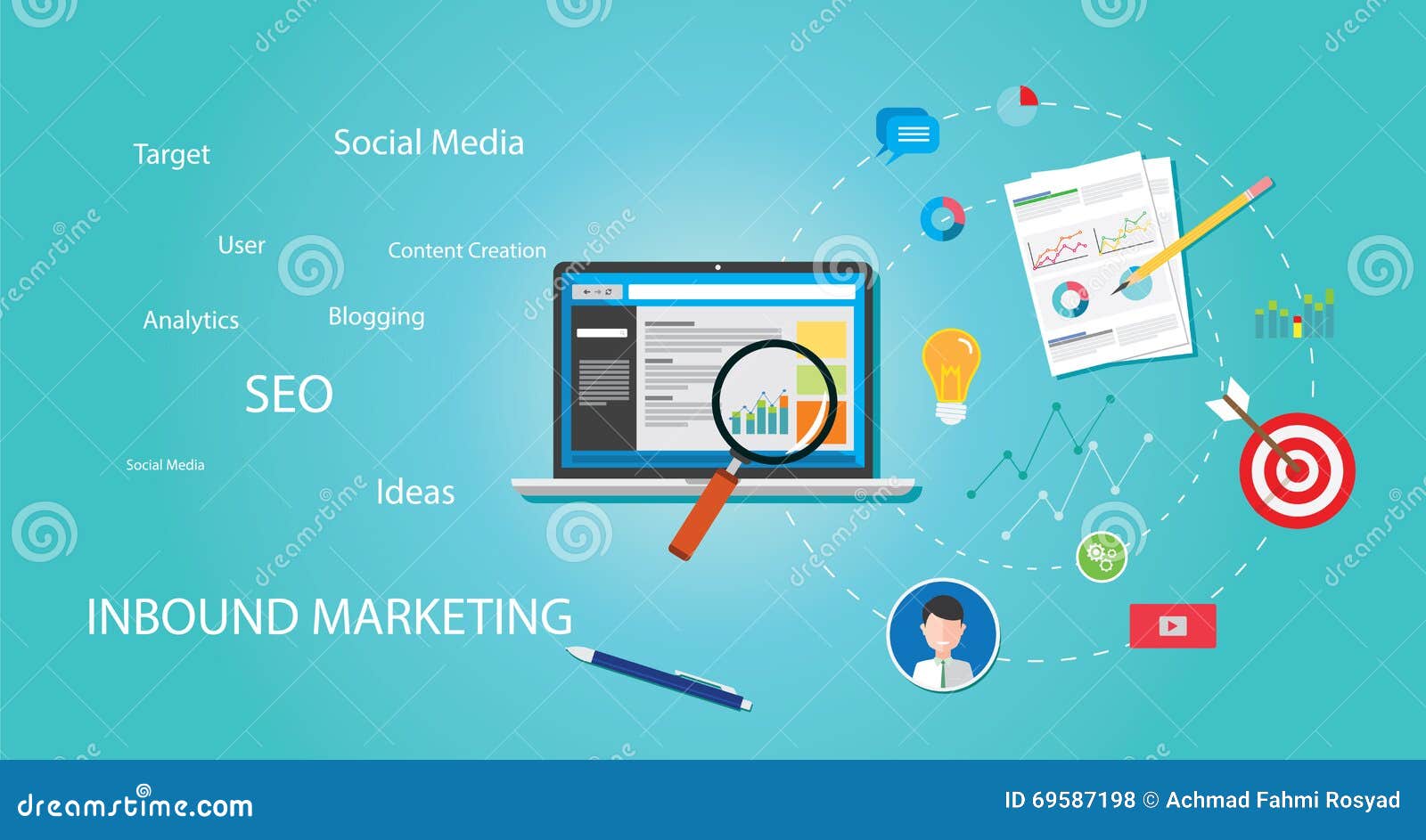 Inbound Marketing. Target With Arrow And Icons Tools Cartoon Vector ...