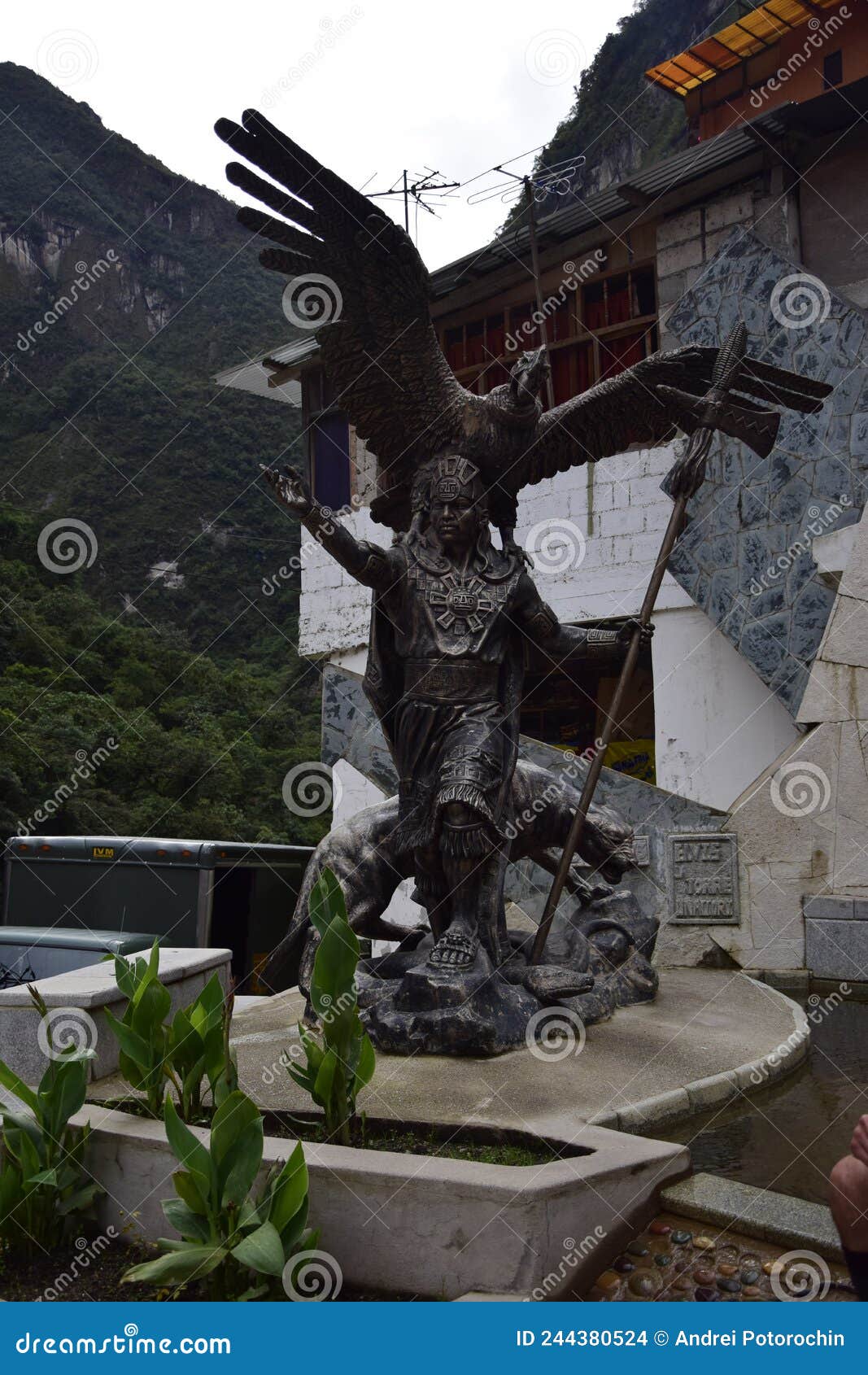 Inca Statue with an Eagle on the Square in Aguas Calientes, Peru ...
