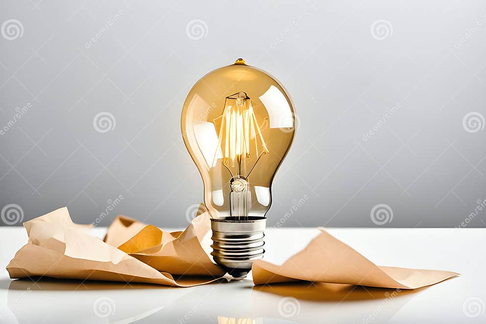 Incandescent Light Bulb with Crumpled Paper on White Table, New Idea ... Incandescent Light Bulb with Crumpled Paper on White Table, New Idea ...