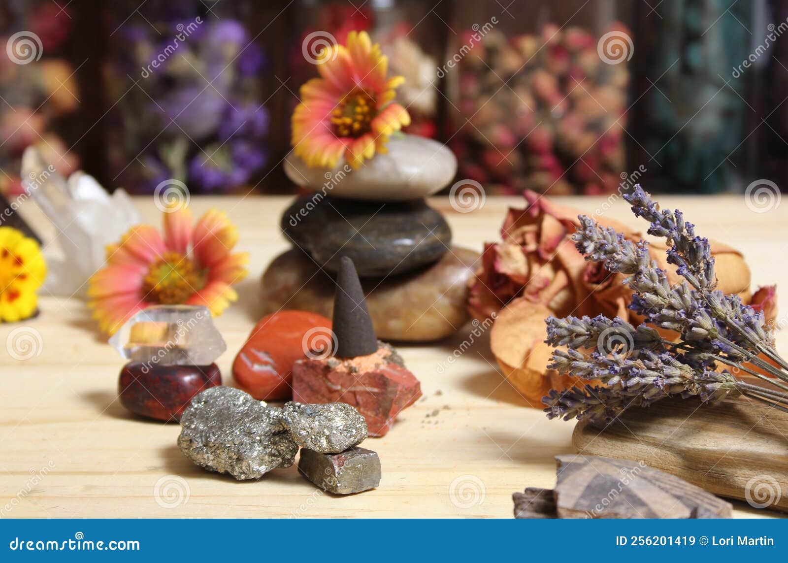 Incense Cone on Stone Slab with Crystals and Flowers Stock Image ...