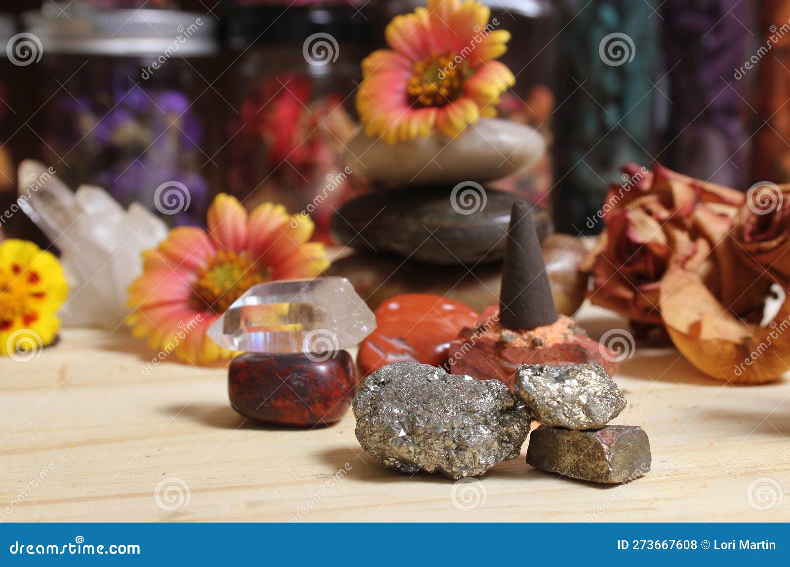 Incense Cone on Stone Slab with Crystals and Flowers Stock Photo ...