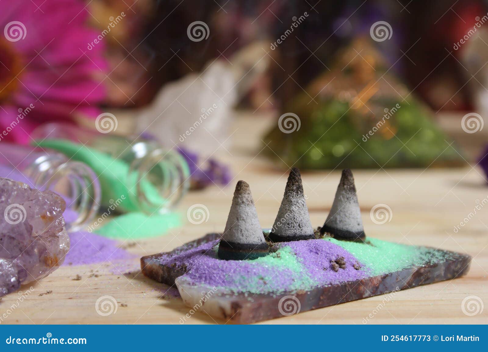 Incense Cones on Stone Slab with Crystals and Flowers Stock Image ...