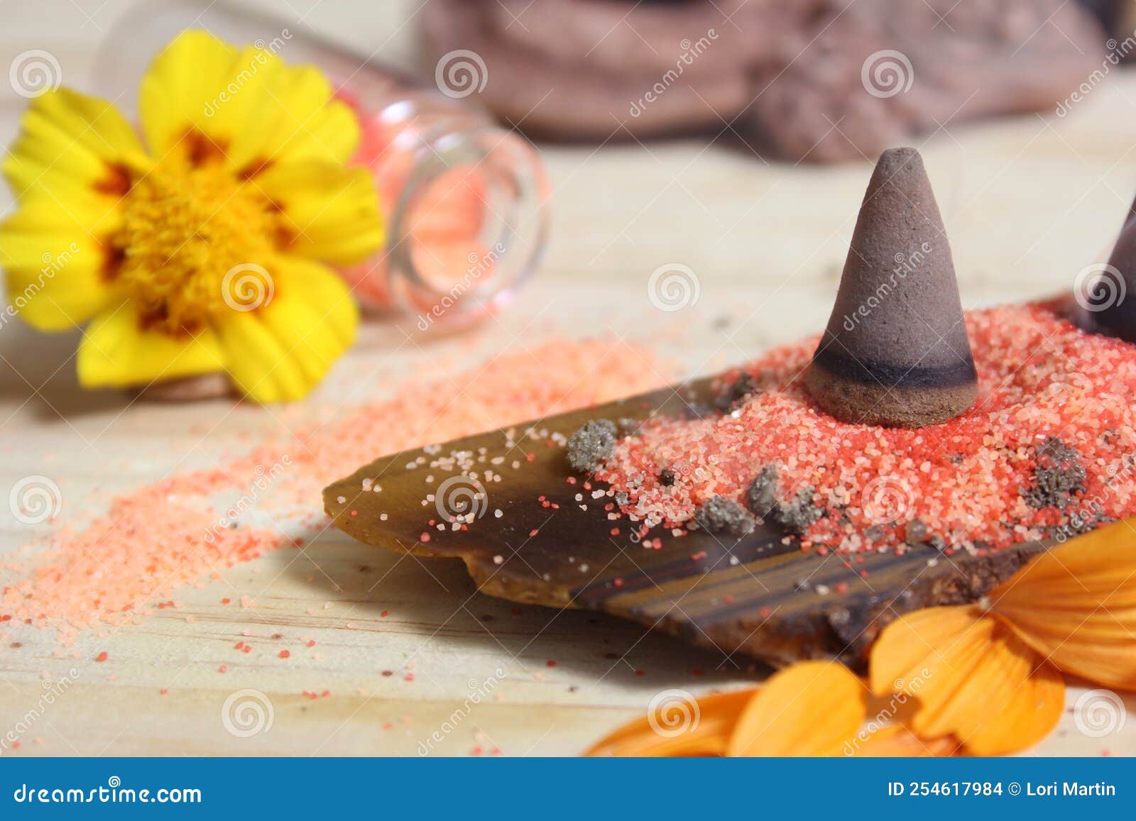 Incense Cones on Stone Slab with Crystals and Flowers Stock Photo ...