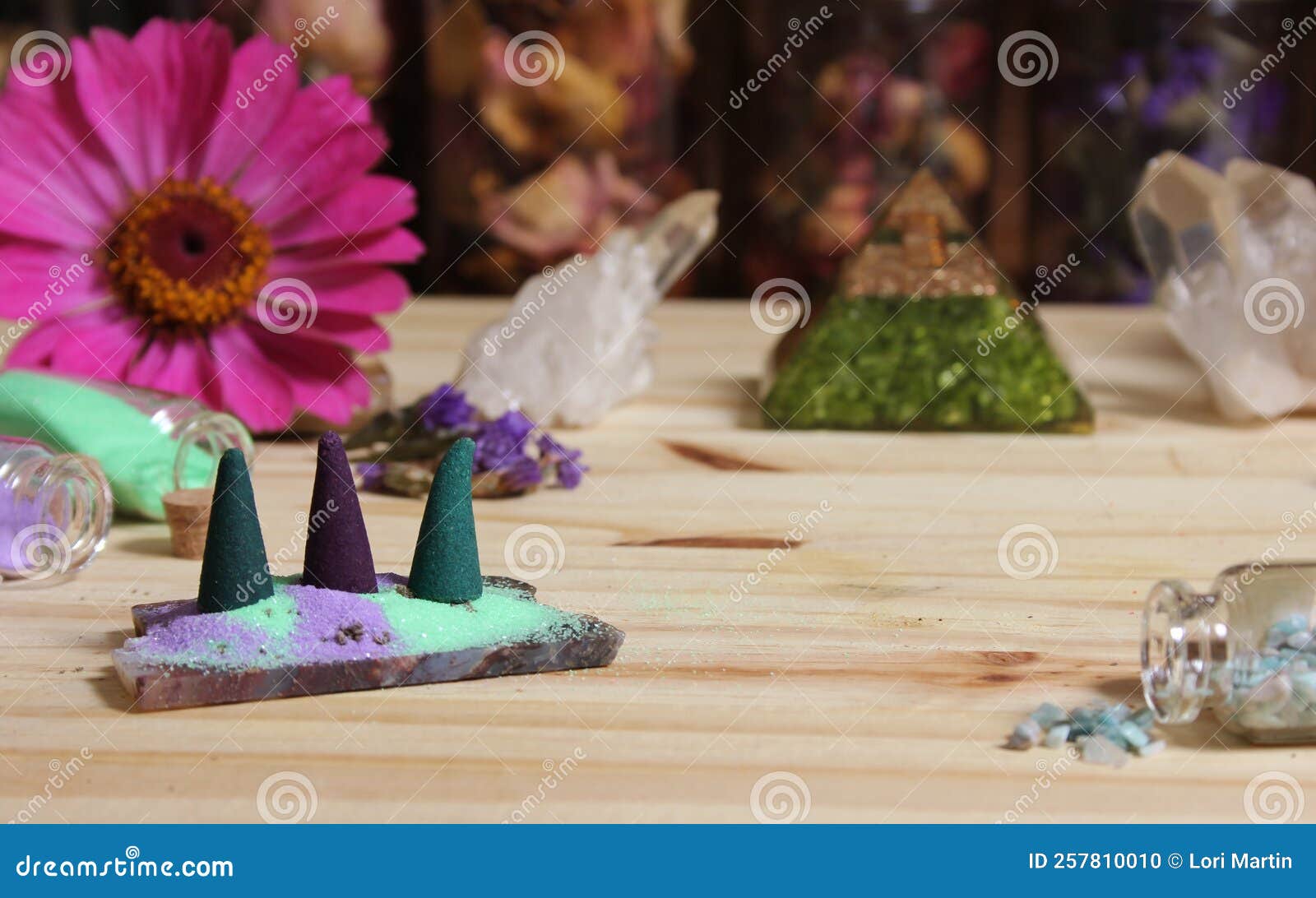 Incense Cones on Stone Slab with Crystals and Flowers Stock Photo ...