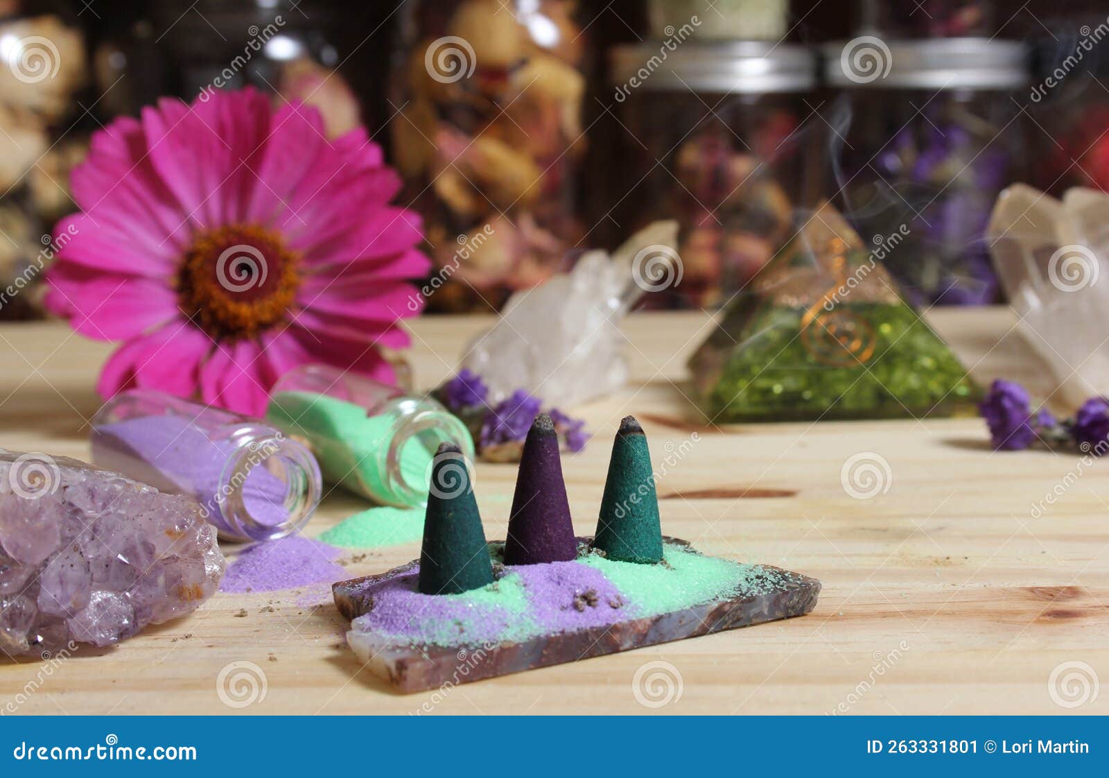 Incense Cones on Stone Slab with Crystals and Flowers Stock Image ...
