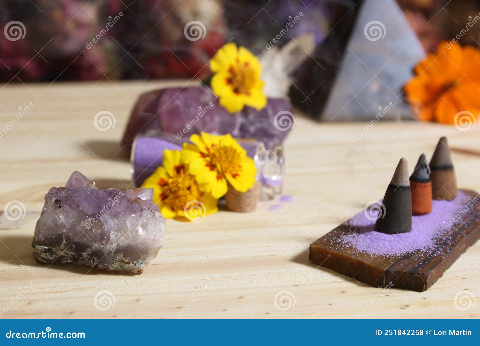Incense Cones on Stone Slab with Crystals and Flowers Stock Photo ...