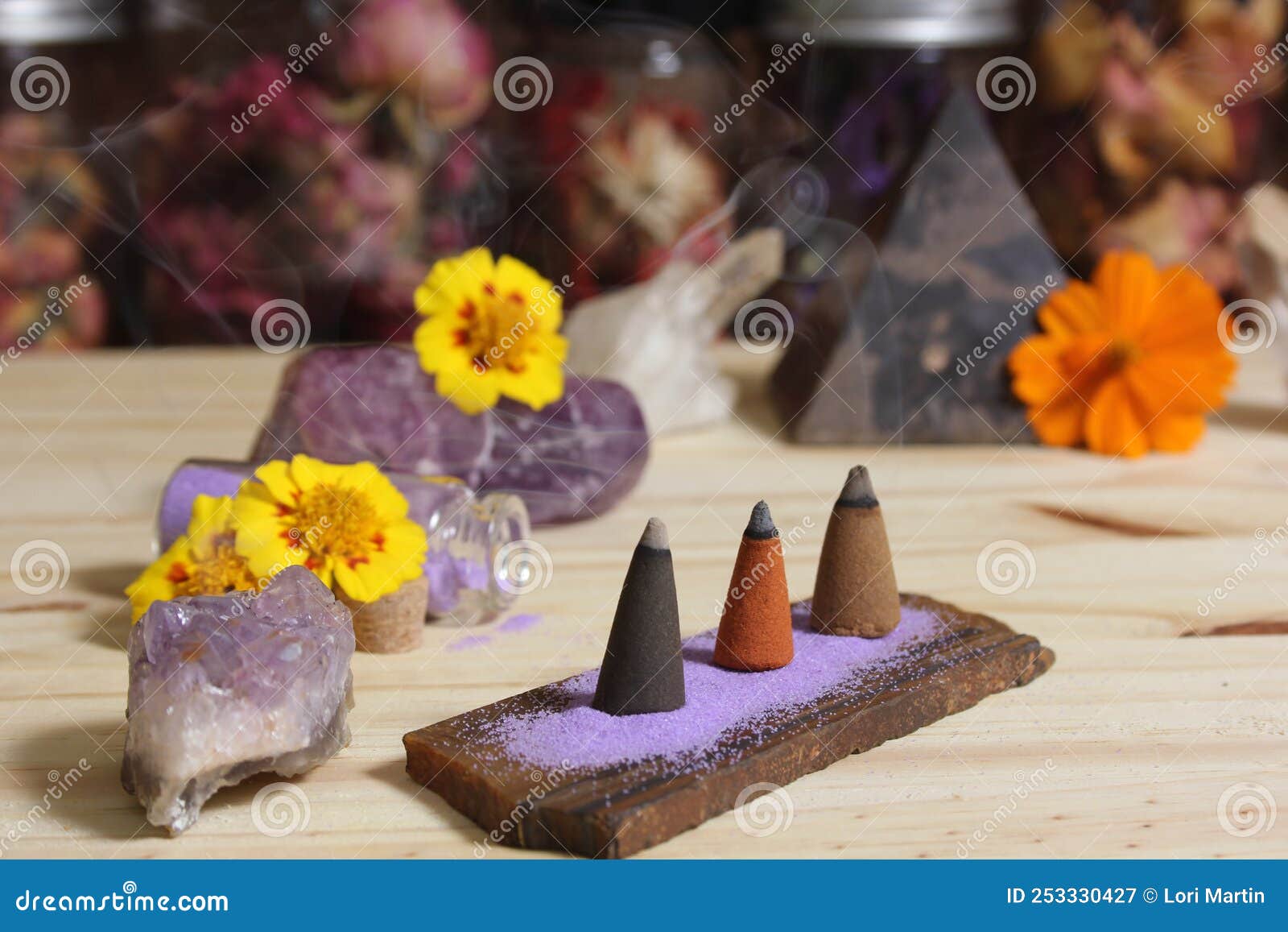 Incense Cones on Stone Slab with Crystals and Flowers Stock Image ...