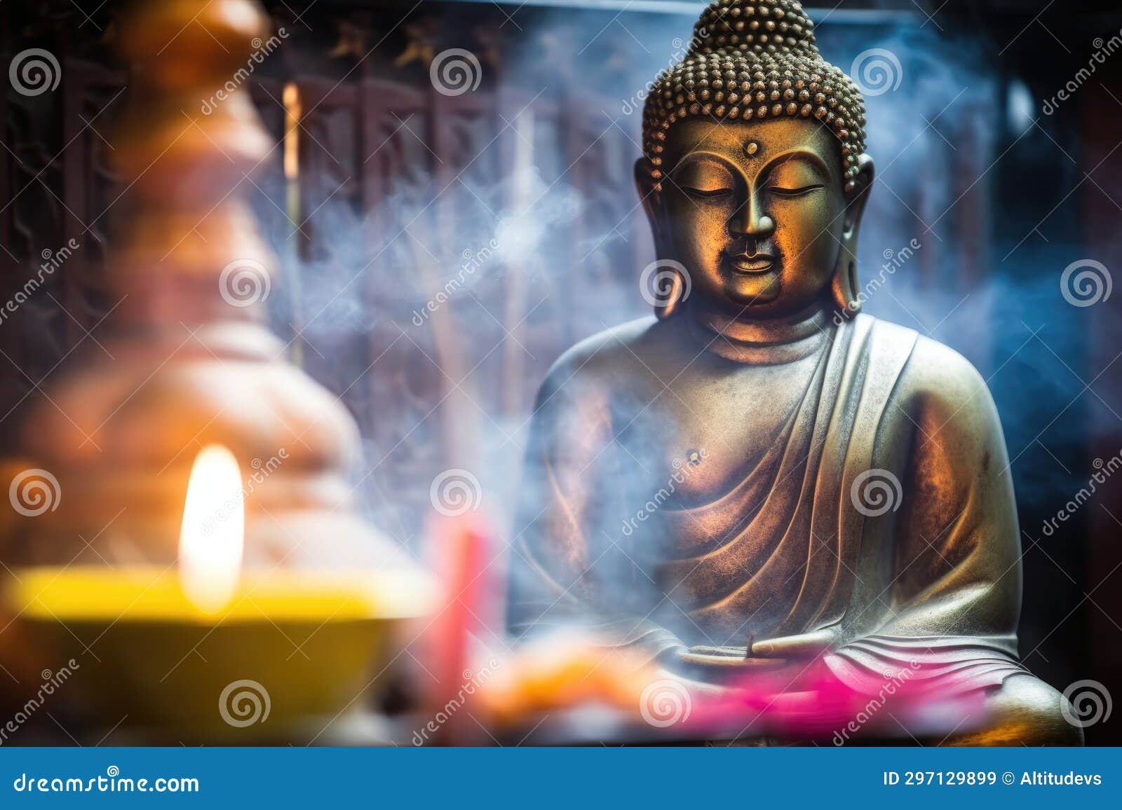 Incense Smoke Rising Slowly in Front of a Buddha Statue Stock ...