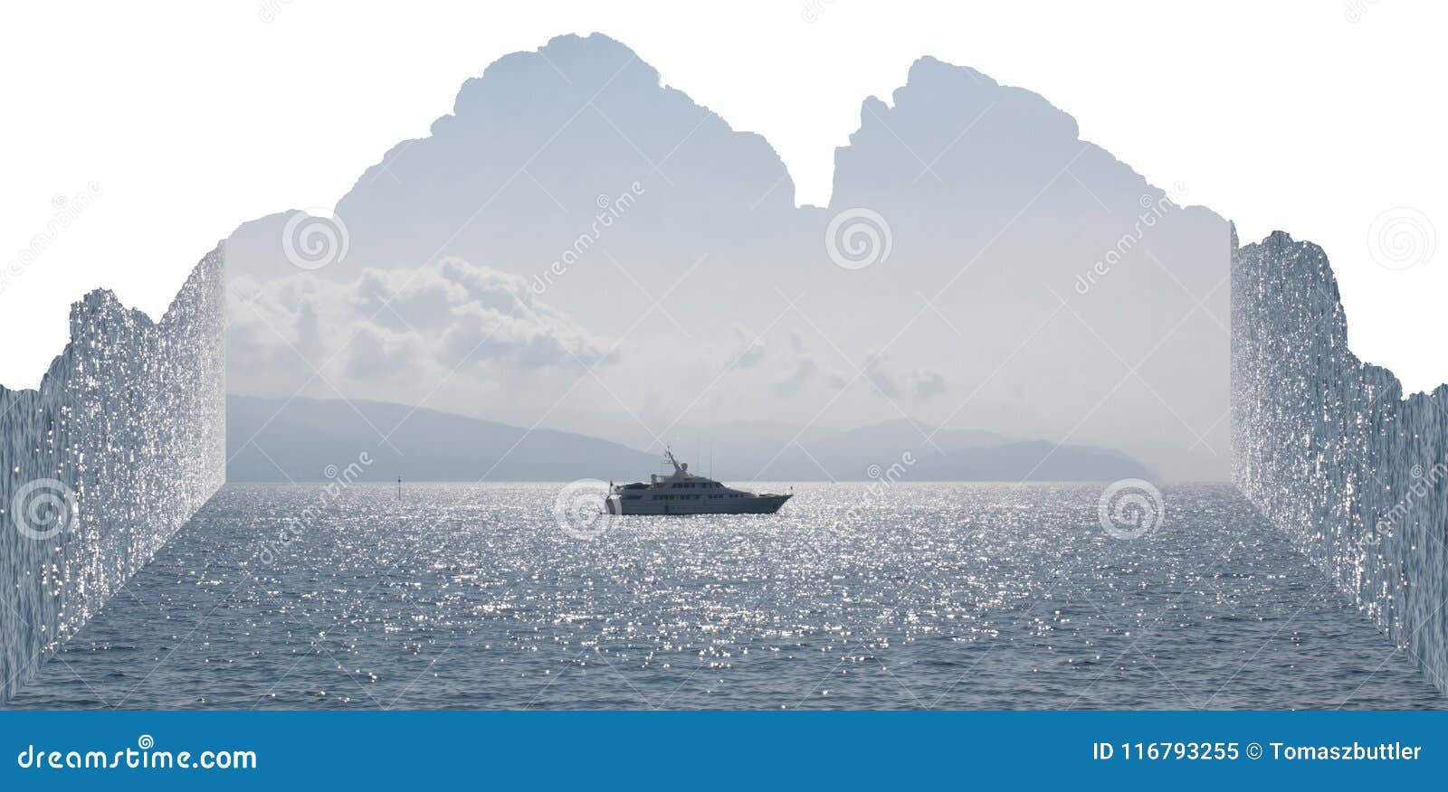 Inception Effect. Manipulation. Boat on the Sea. Mountains Stock ...