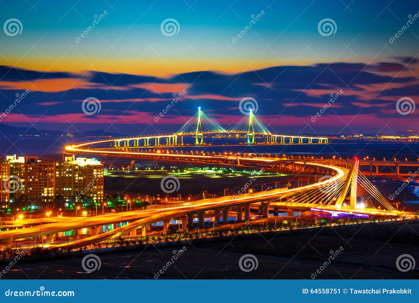 Incheon bridge in korea. stock image. Image of illuminated - 64558751