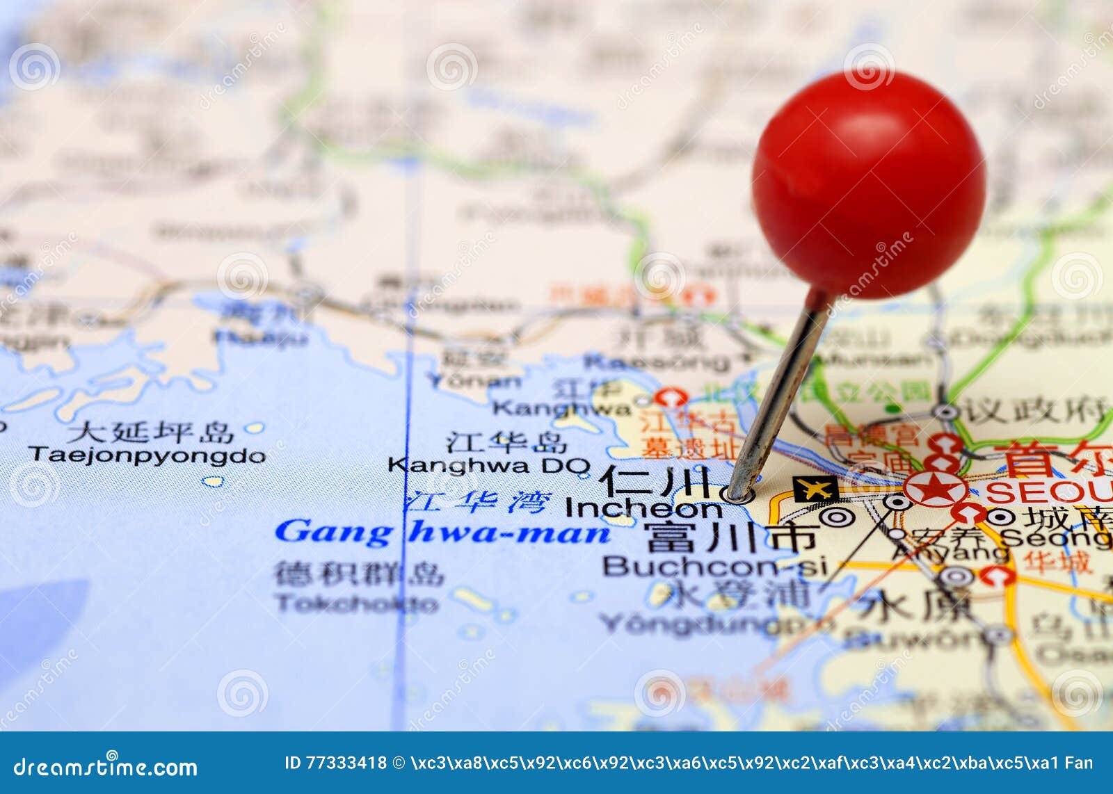 Inchon in map stock photo. Image of pushpin, tourist - 77333418