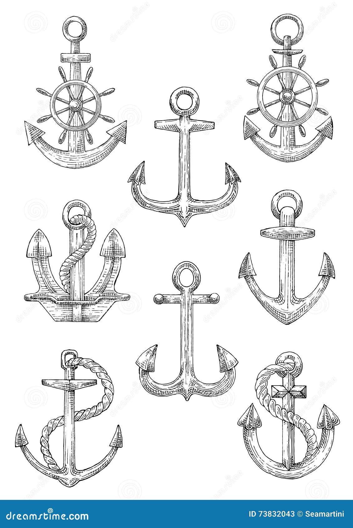 Incisione Delle Ancore Schizzate Con I Timoni E Le Corde Illustrazione ...