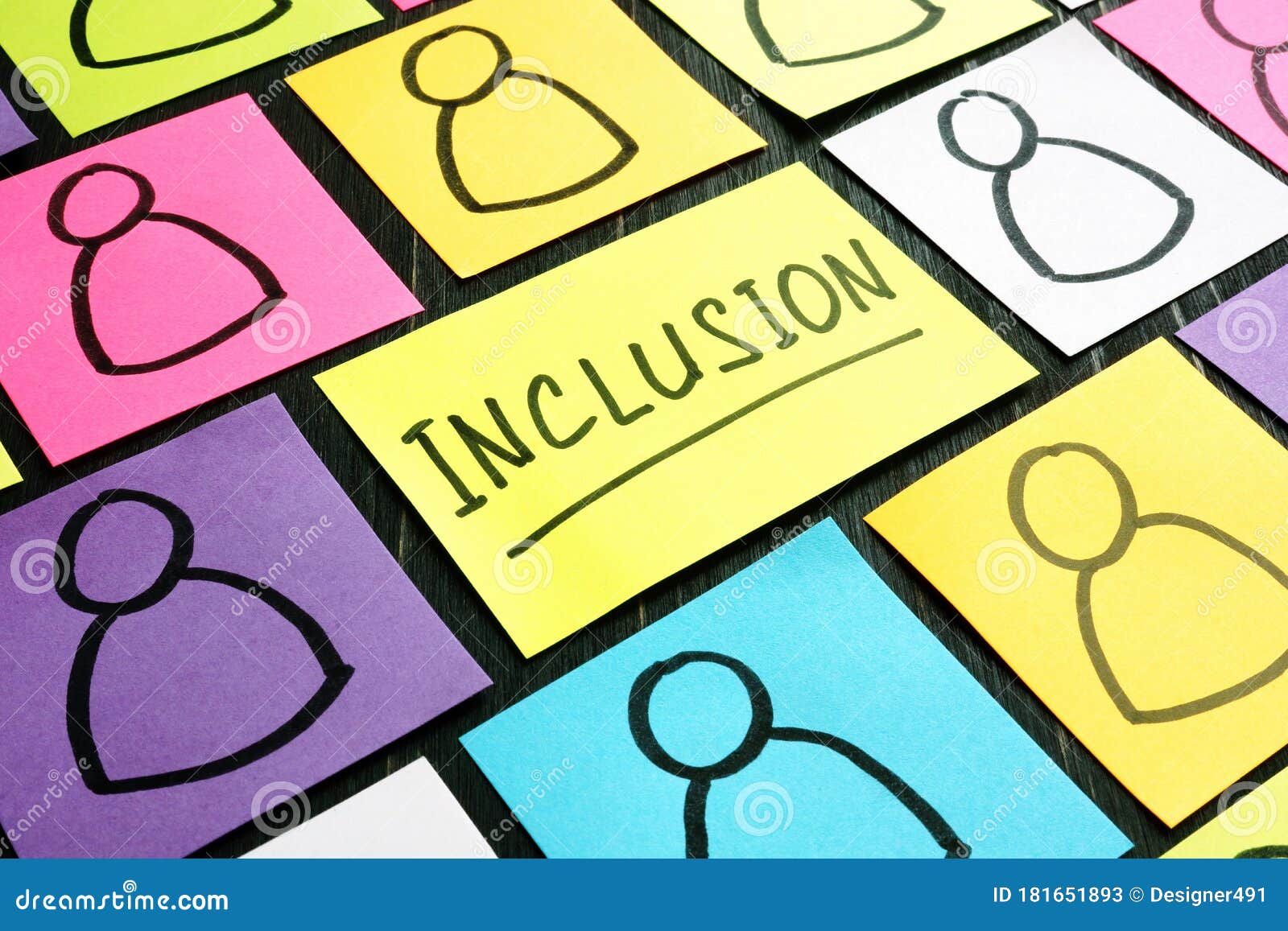 Inclusion Sign and Sheets with Drawn of Figures. Stock Image - Image of ...