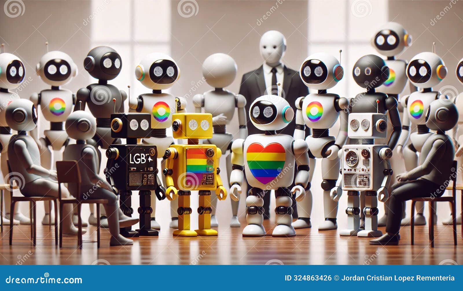 Inclusive Robots Helping Each Other In A Park With LGBTQIA+ Flag ...