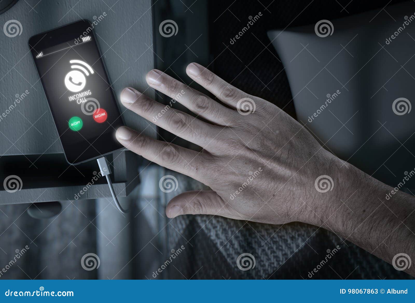 Incoming Call Cellphone Next To Bed Stock Image - Image of fingers ...