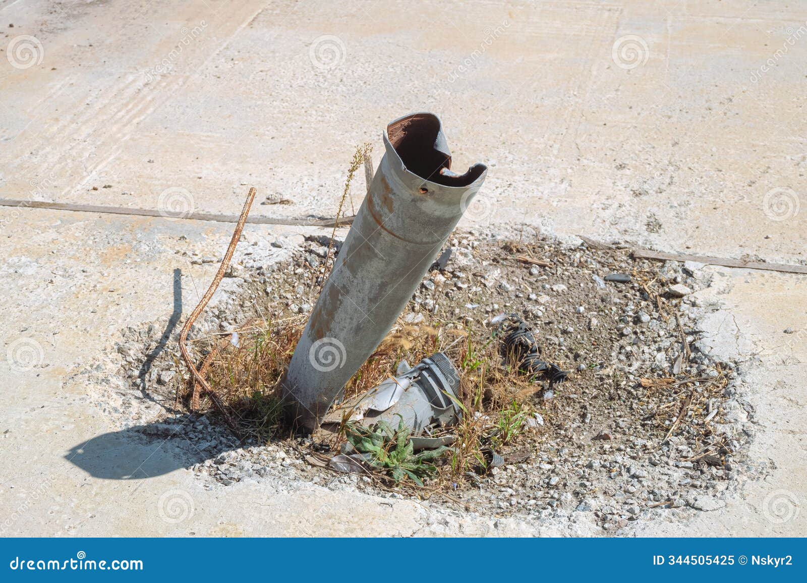 Incoming and Exploding MLRS Projectile in Road with Concrete Surface ...