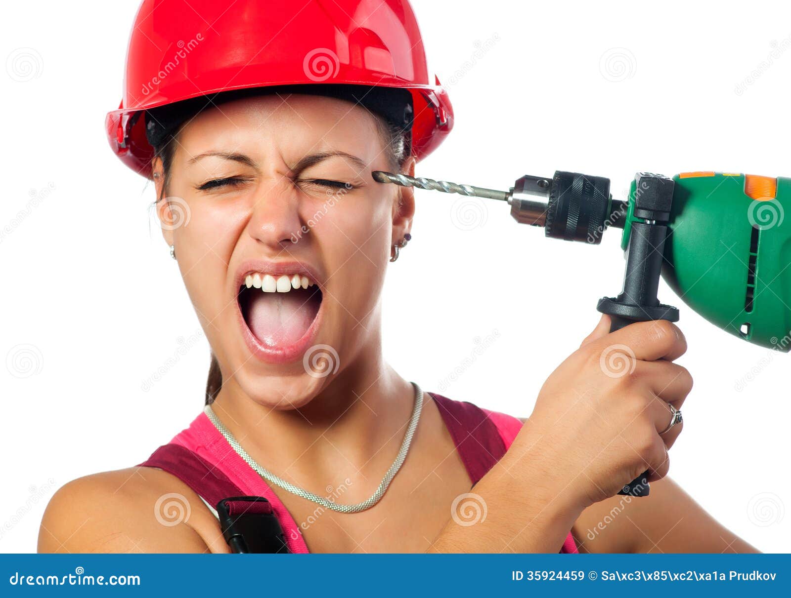 Incompetent Female Worker With Drill Royalty Free Stock Images - Image ...