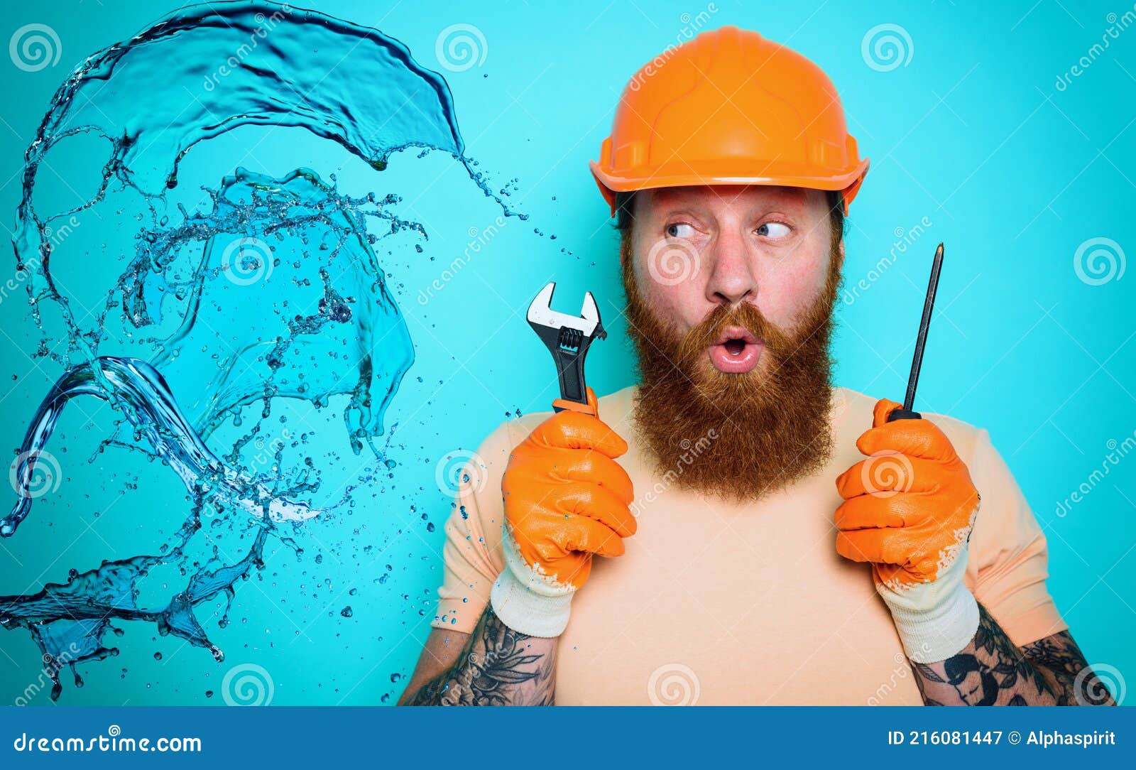 Incompetent Worker Plumber is Unsure about His Work. Cyan Background ...