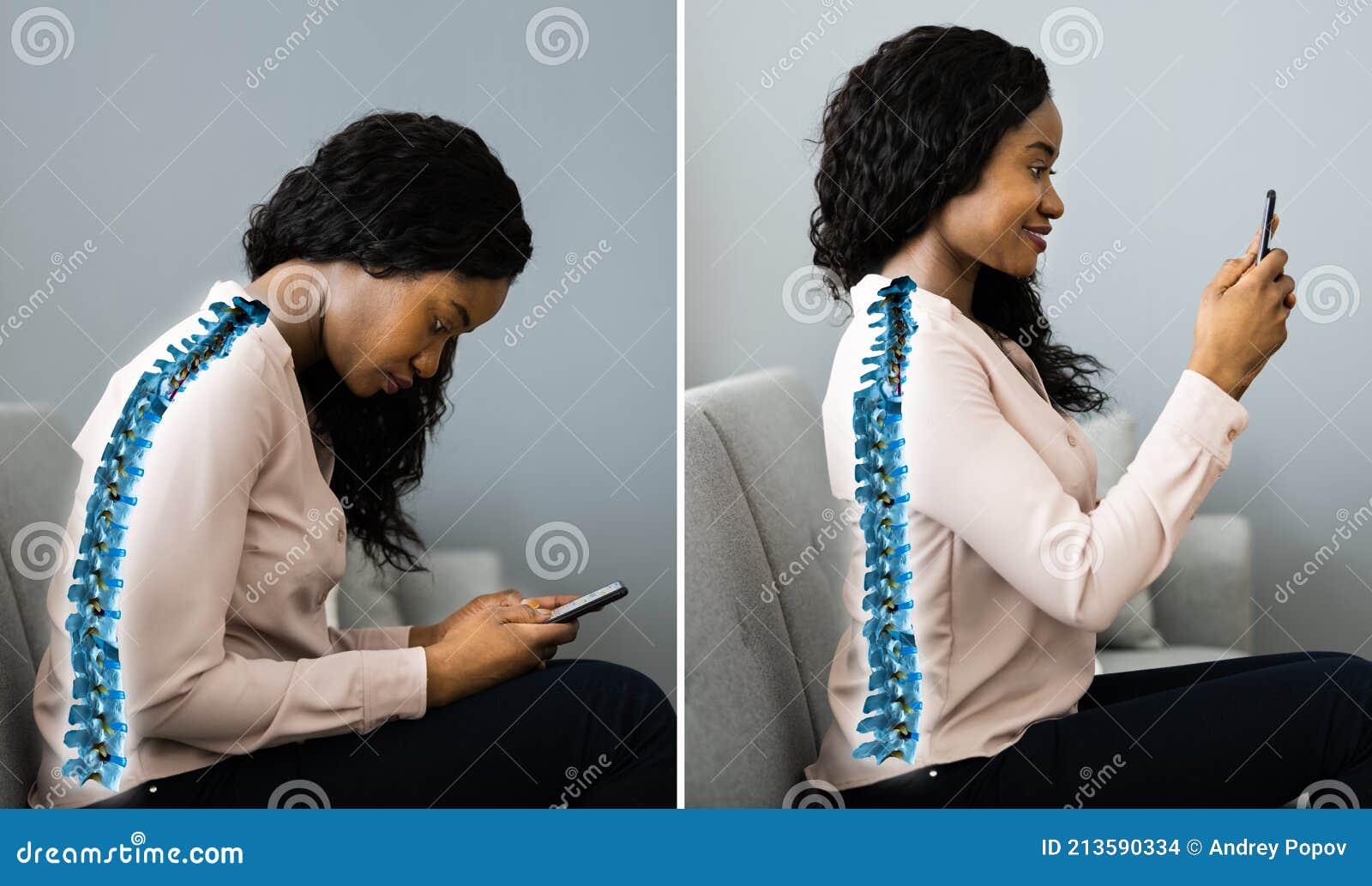 Incorrect and Correct Spine Posture Using Smartphone Stock Photo ...